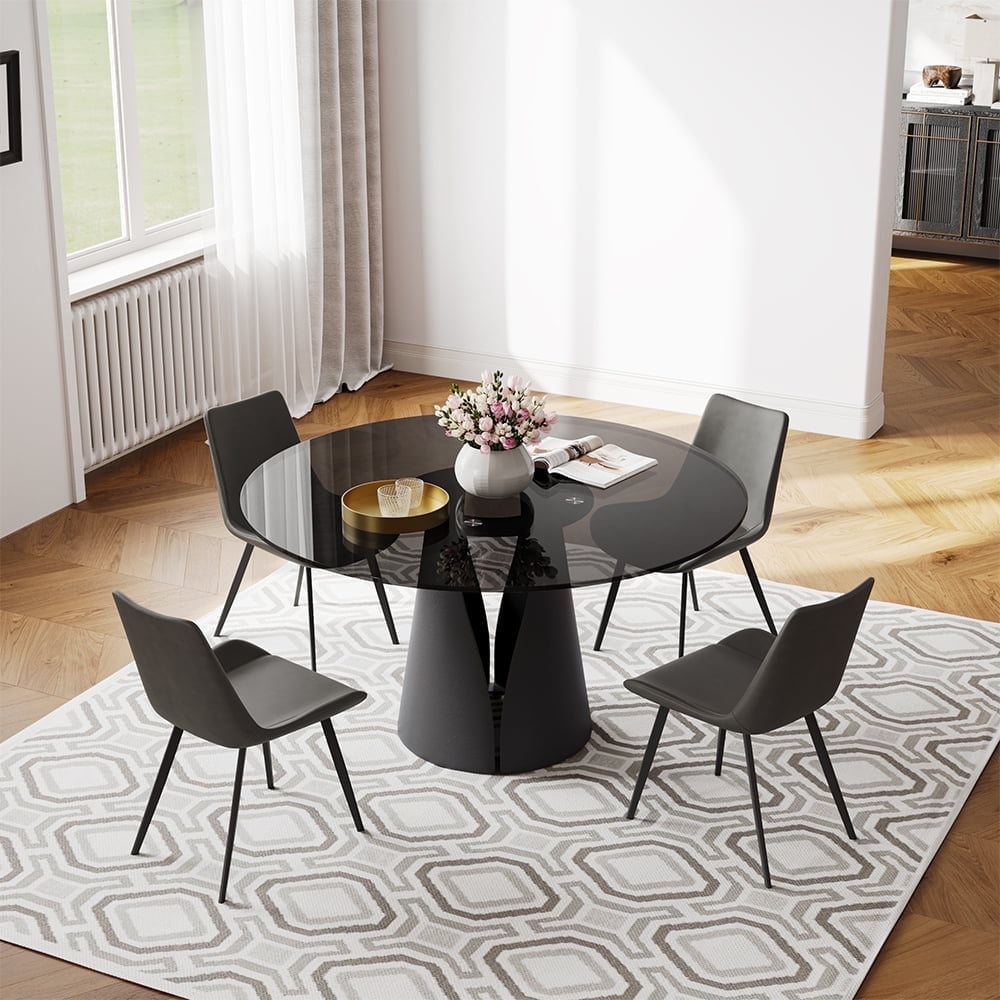 POVISON 47" Modern Black Round Dining Table For 4, Tempered Glass ...