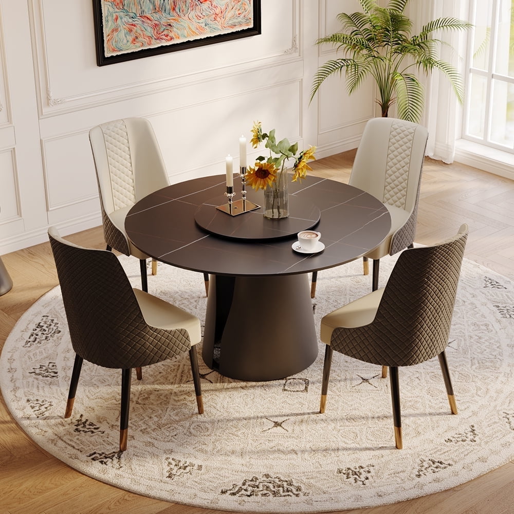 POVISON 47"Modern Round Black Kitchen Dining Table For 4 With Lazy ...