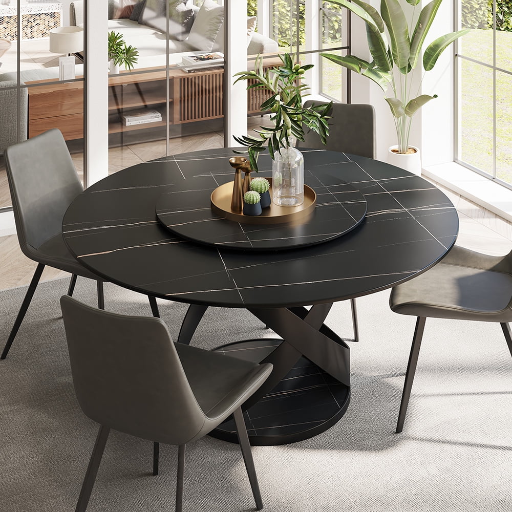 POVISON 51"Modern Balck Round Dining Table for 4 with Lazy Susan, Matte ...