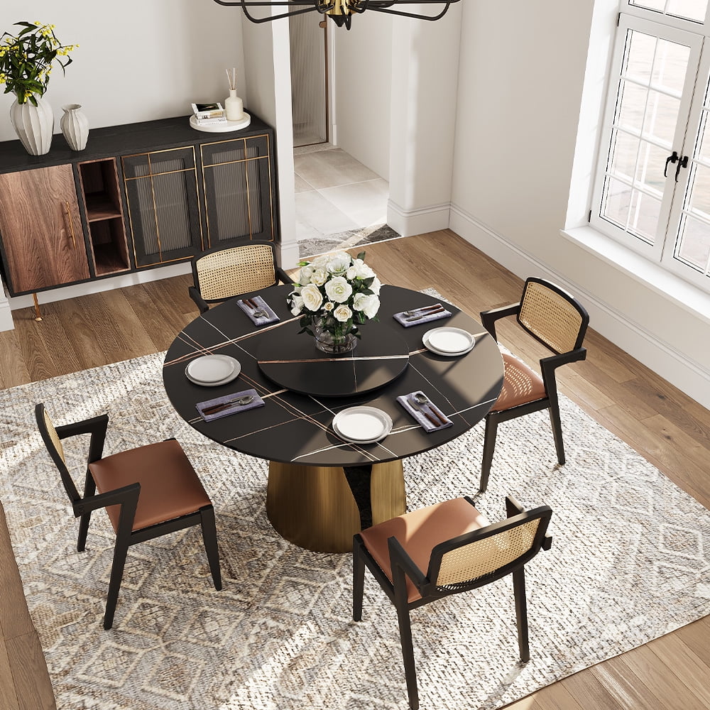 POVISON 51"Modern Black Round Dining Table with Lazy Susan for 4, Matte ...