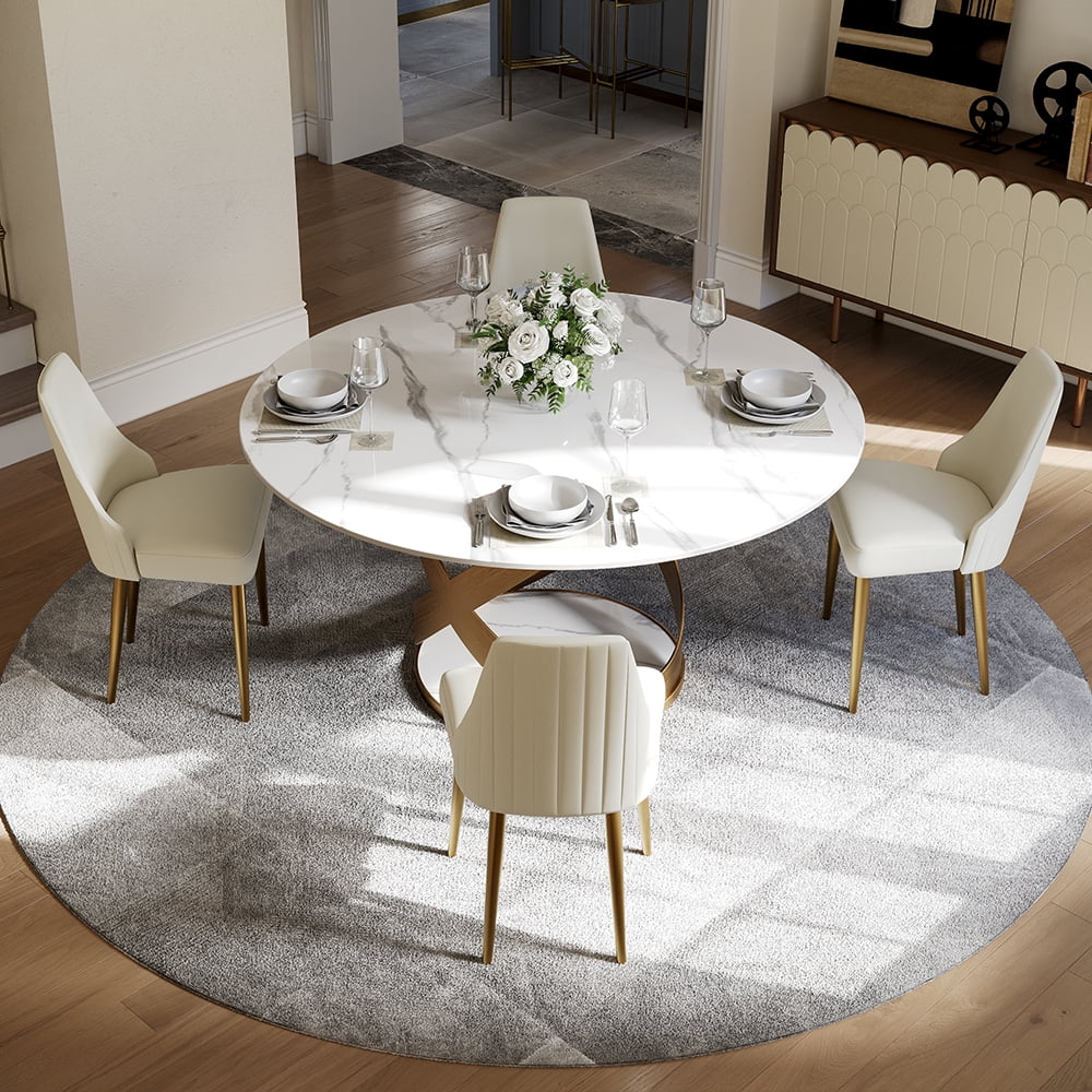 POVISON 51"Modern Round Glossy White Dining Table for 4, Sintered Stone ...