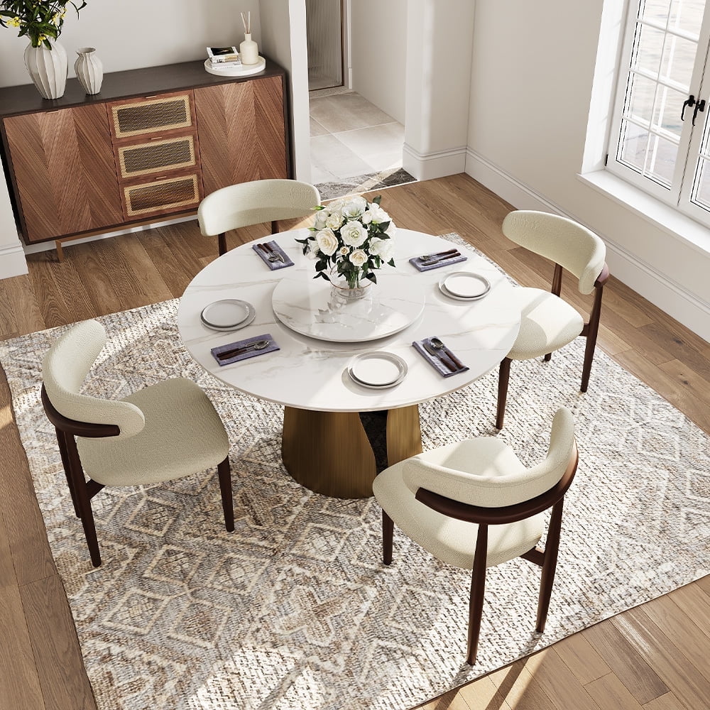 POVISON 51"Modern White Round Dining Table with Lazy Susan for 4, Glossy Sintered Stone Tabletop ...