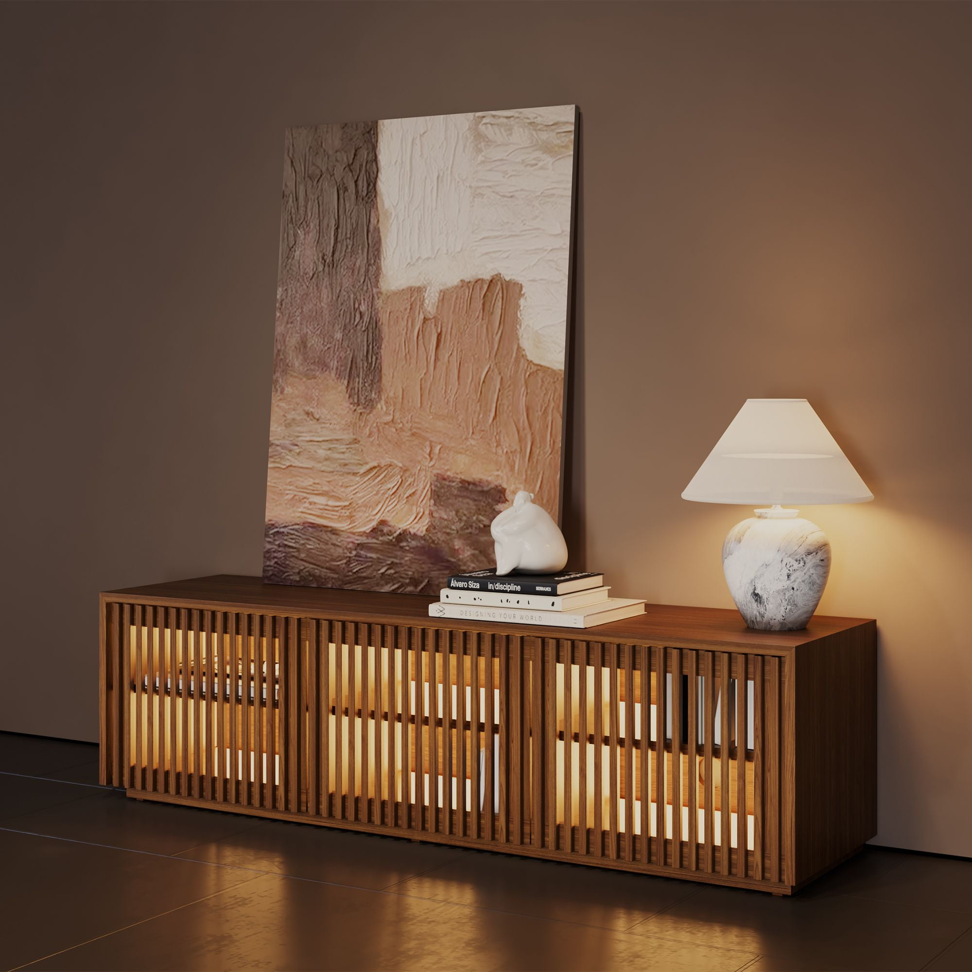 POVISON-59" Mid-Century Modern Wood Slatted TV Stand with LED lights ...