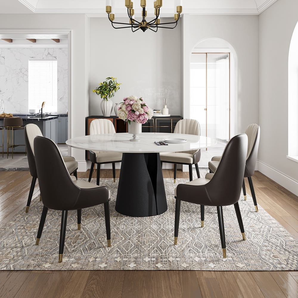 POVISON 59"Modern Round White Dining Table for 6, Glossy Sintered Stone ...