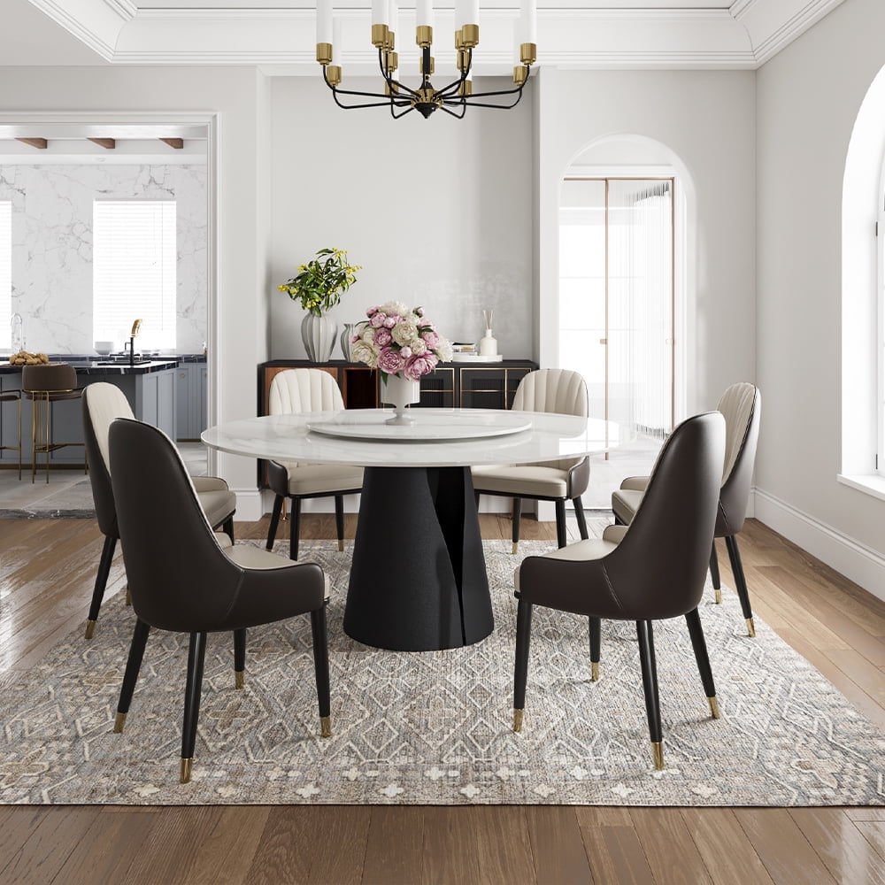 POVISON 59"Modern Round White Dining Table for 6 With Lazy Susan,Glossy ...