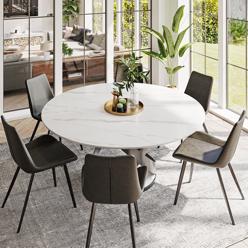 POVISON 59"Modern Round White Glossy Dining Table For 6, Sintered Stone ...