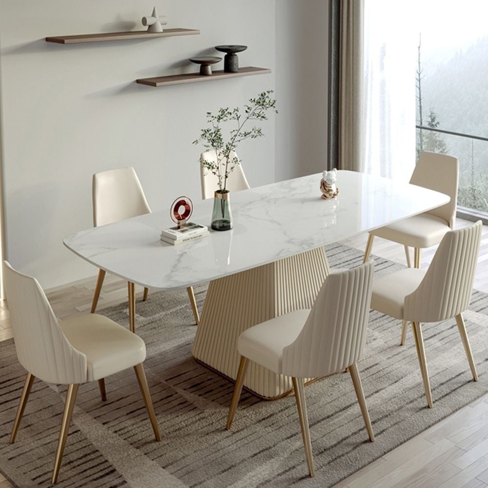POVISON 63" Minimalist White Pedestal Dining Table，Rectangular Glossy ...