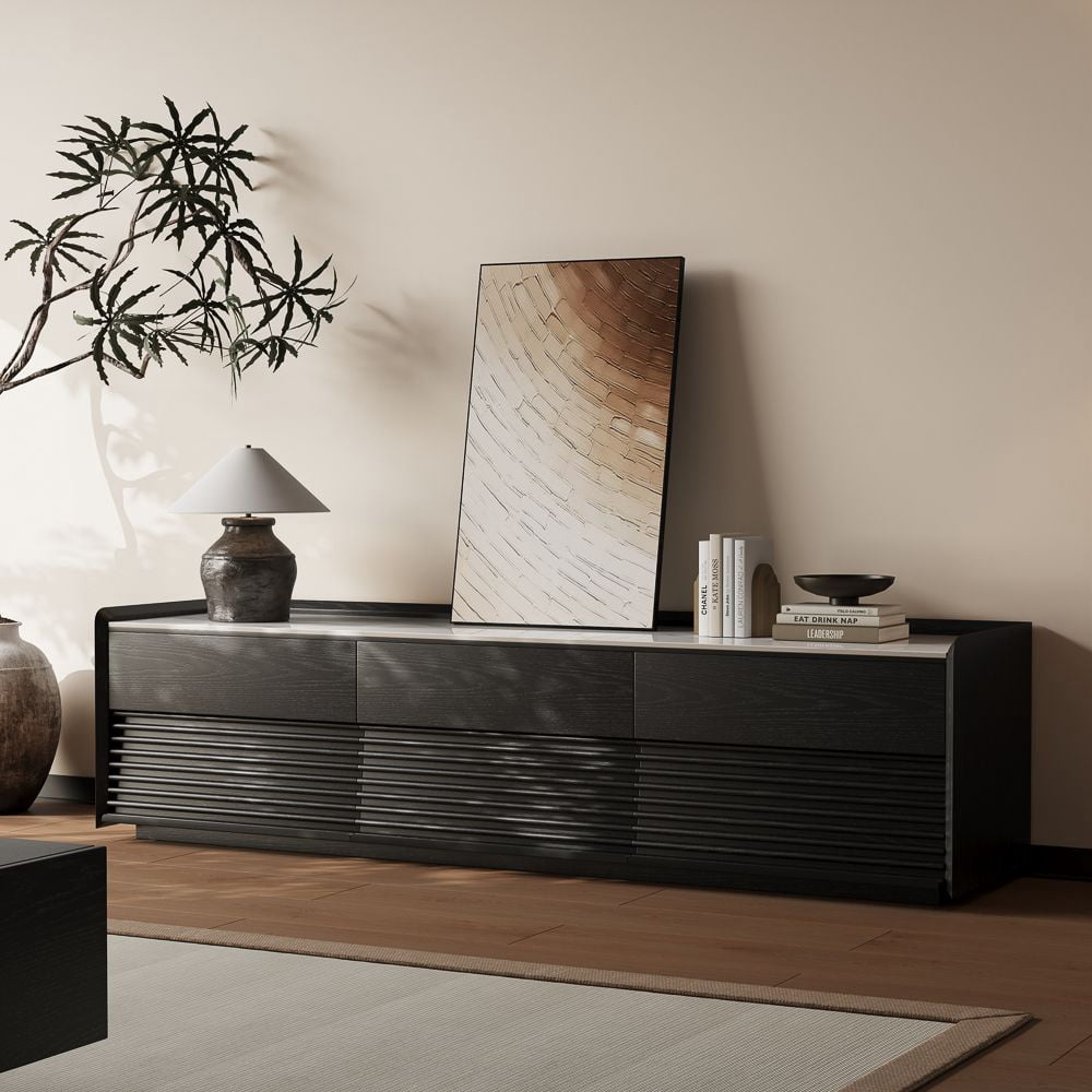 POVISON-70.87" Mid-Century Glossy Sintered Stone Tabletop TV Stand ...