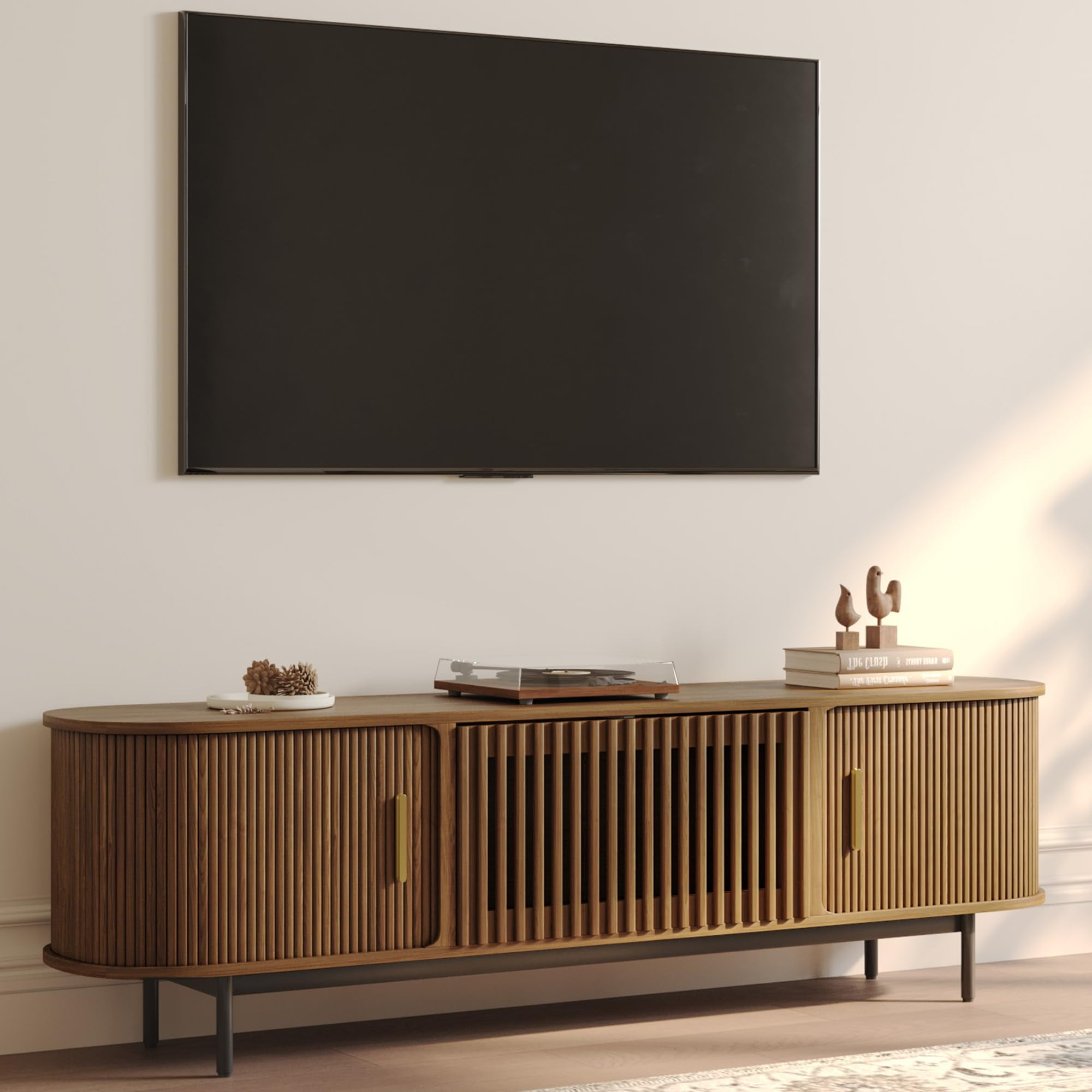 POVISON-70.87"Mid-Century Modern Tambour Door TV Stand, Walnut Color TV ...
