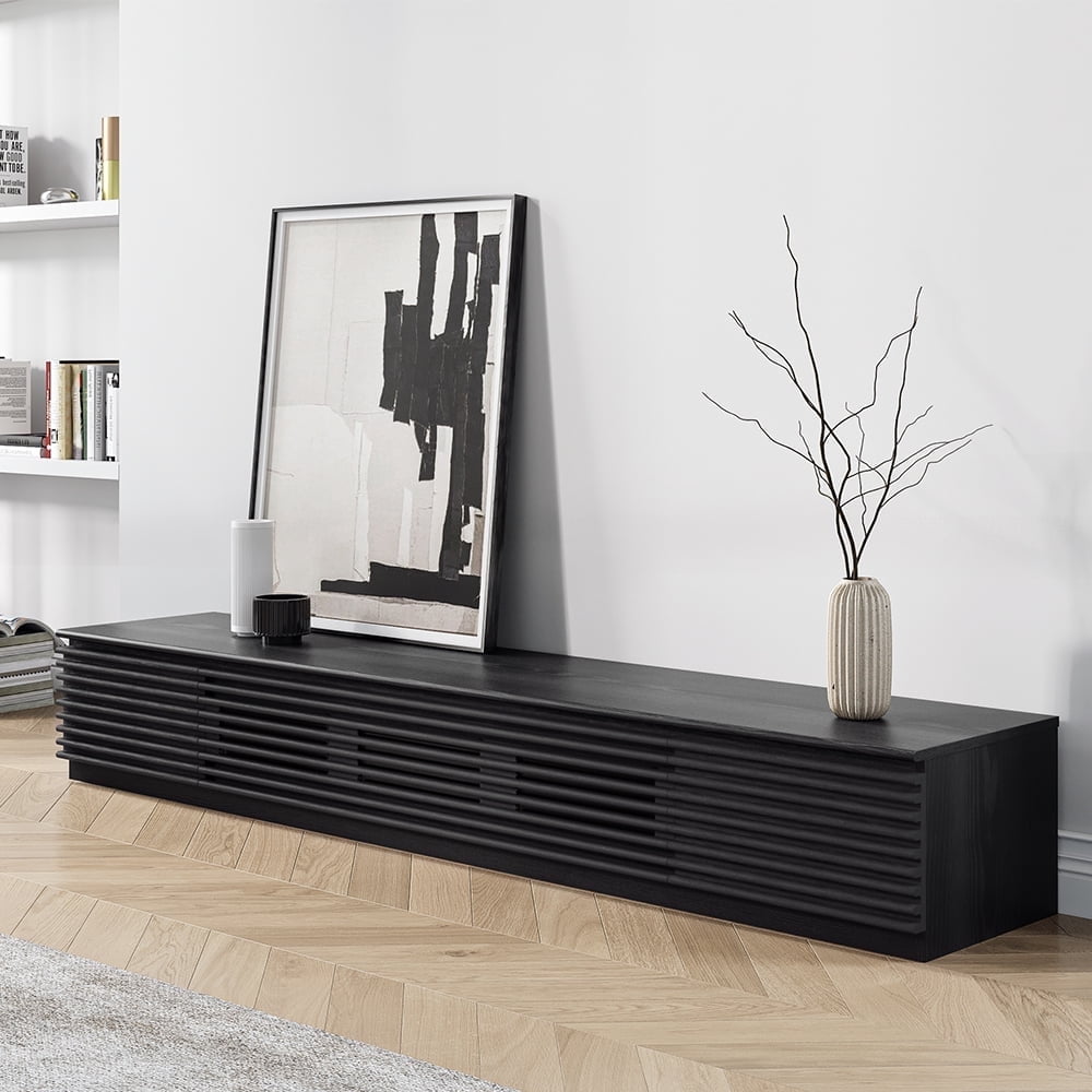 POVISON 70.87" Minimalist Black TV Stand with Drawers，Solid Wood Media ...