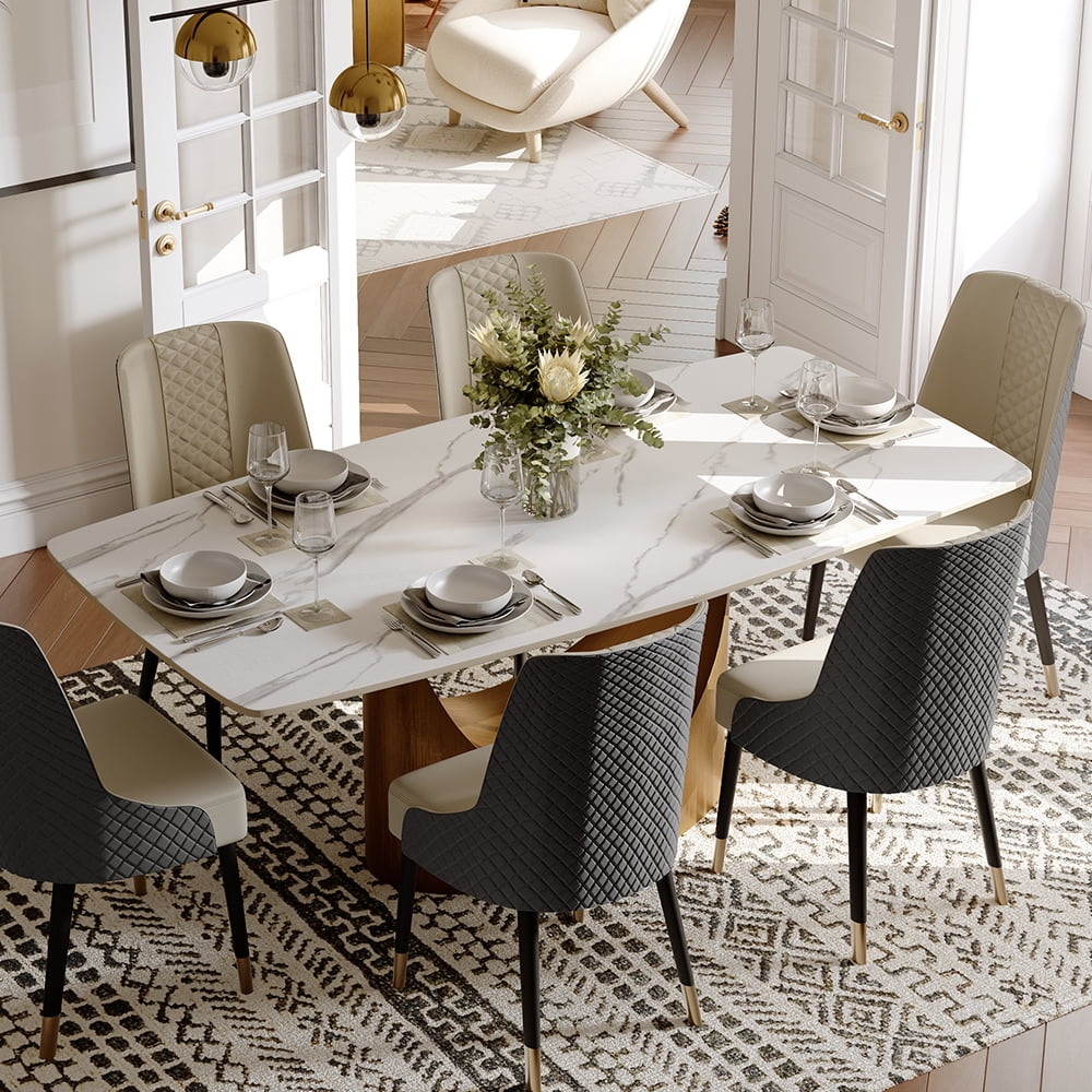 POVISON 71" Modern Dining Table Sets for 6, Matte White Sintered Stone Dining Table with 6 ...