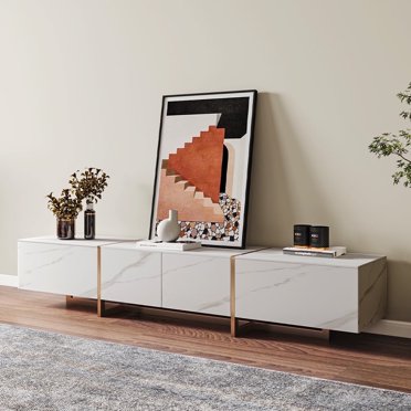 POVISON 70.87" Minimalist TV Stand with Drawers，Solid Wood Media ...