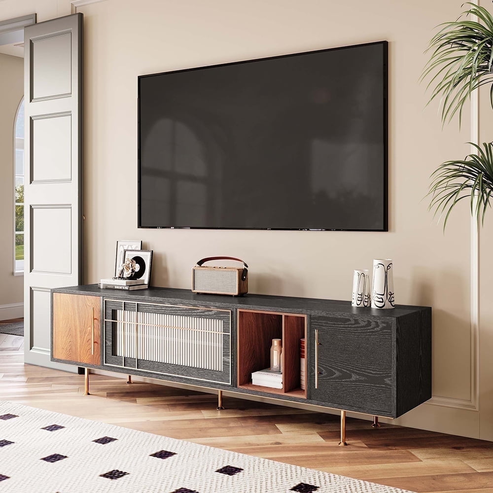 POVISON 78.74" Modern Black TV Stand, Wood TV Console with Cabinets, Glass, Flip-Down Glass Door ...