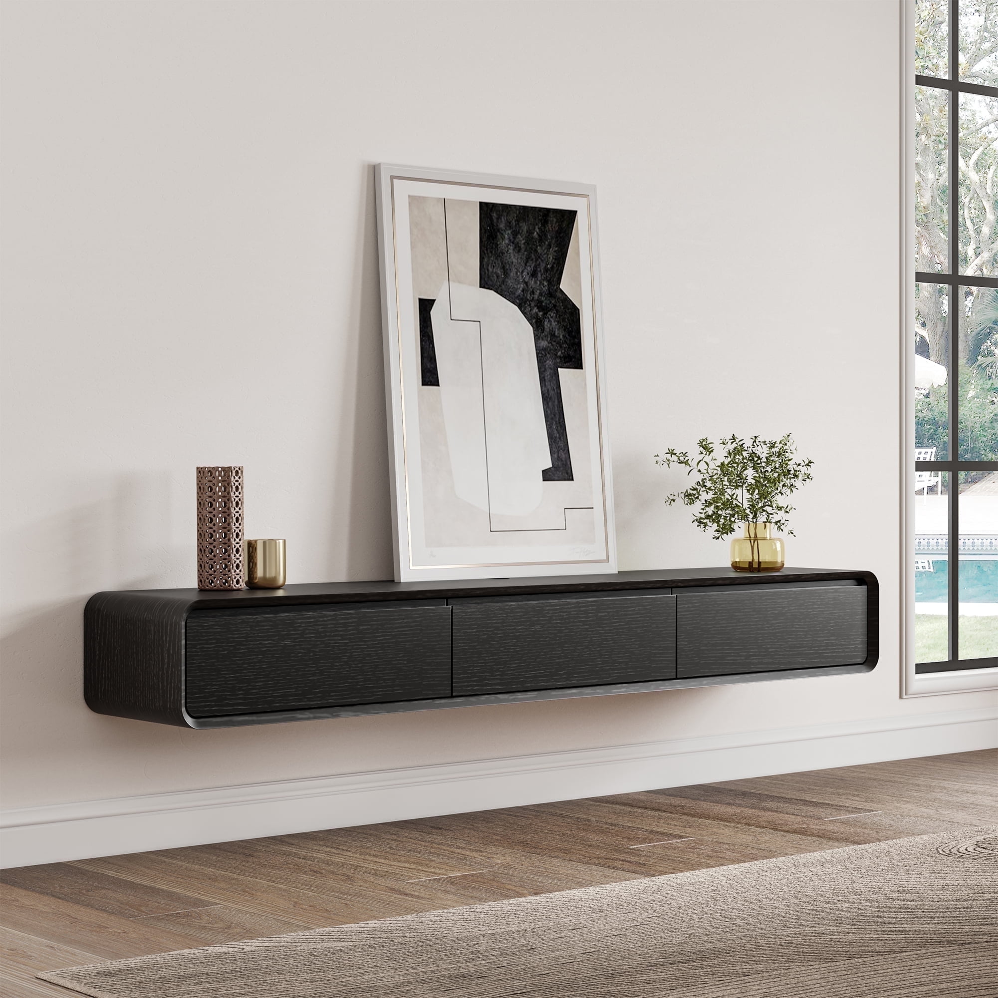 POVISON Black Floating TV Stand, Modern Wall-Mounted Entertainment ...