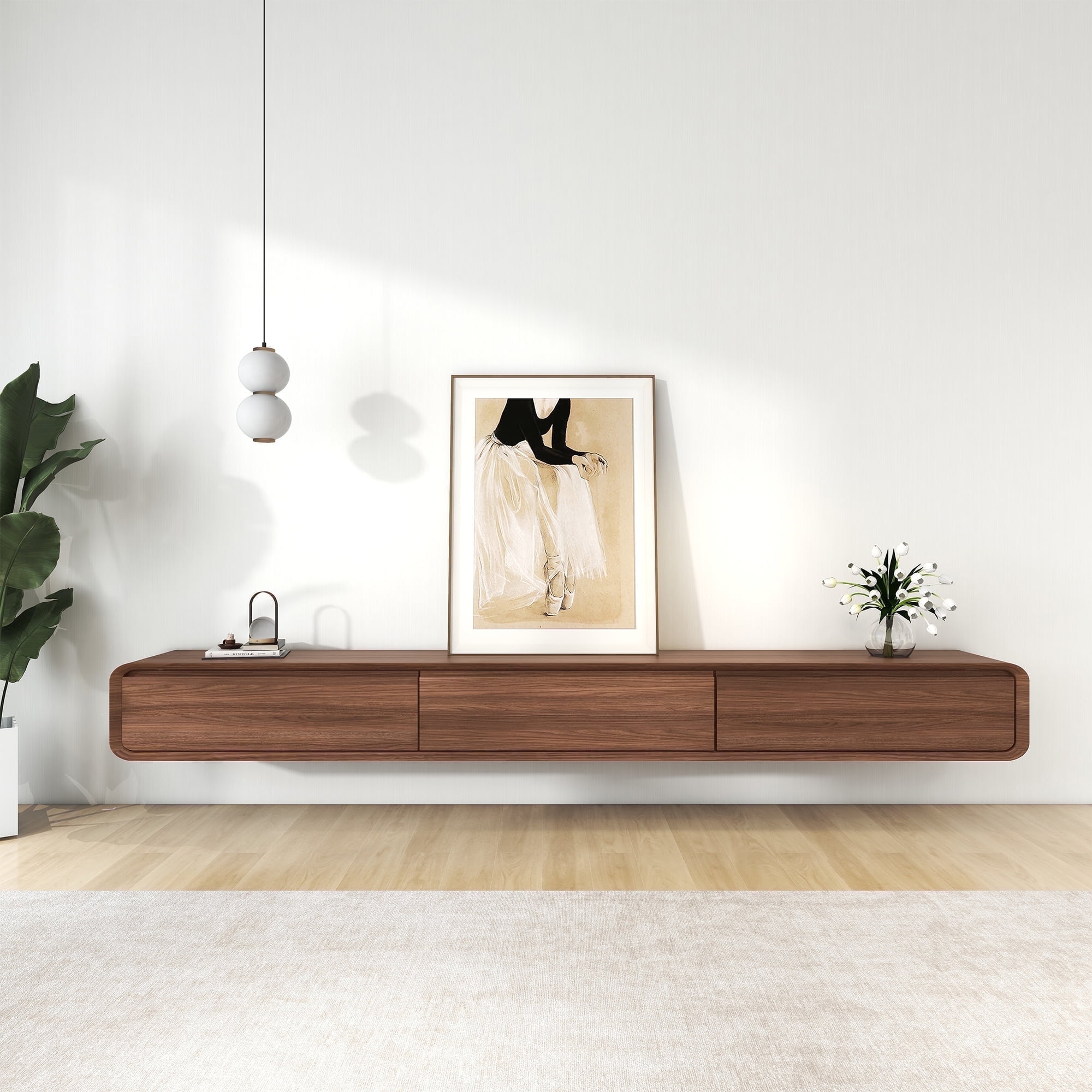 POVISON Minimalist Floating TV Stand Modern Wall Mounted Entertainment Center with 3 Drawers Walnut Veneer Media Console TV Console 78