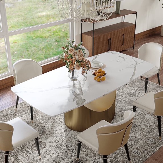"POVISON Hobart Dining Table, 79"", For 6-8, White Rectangular Stone ...