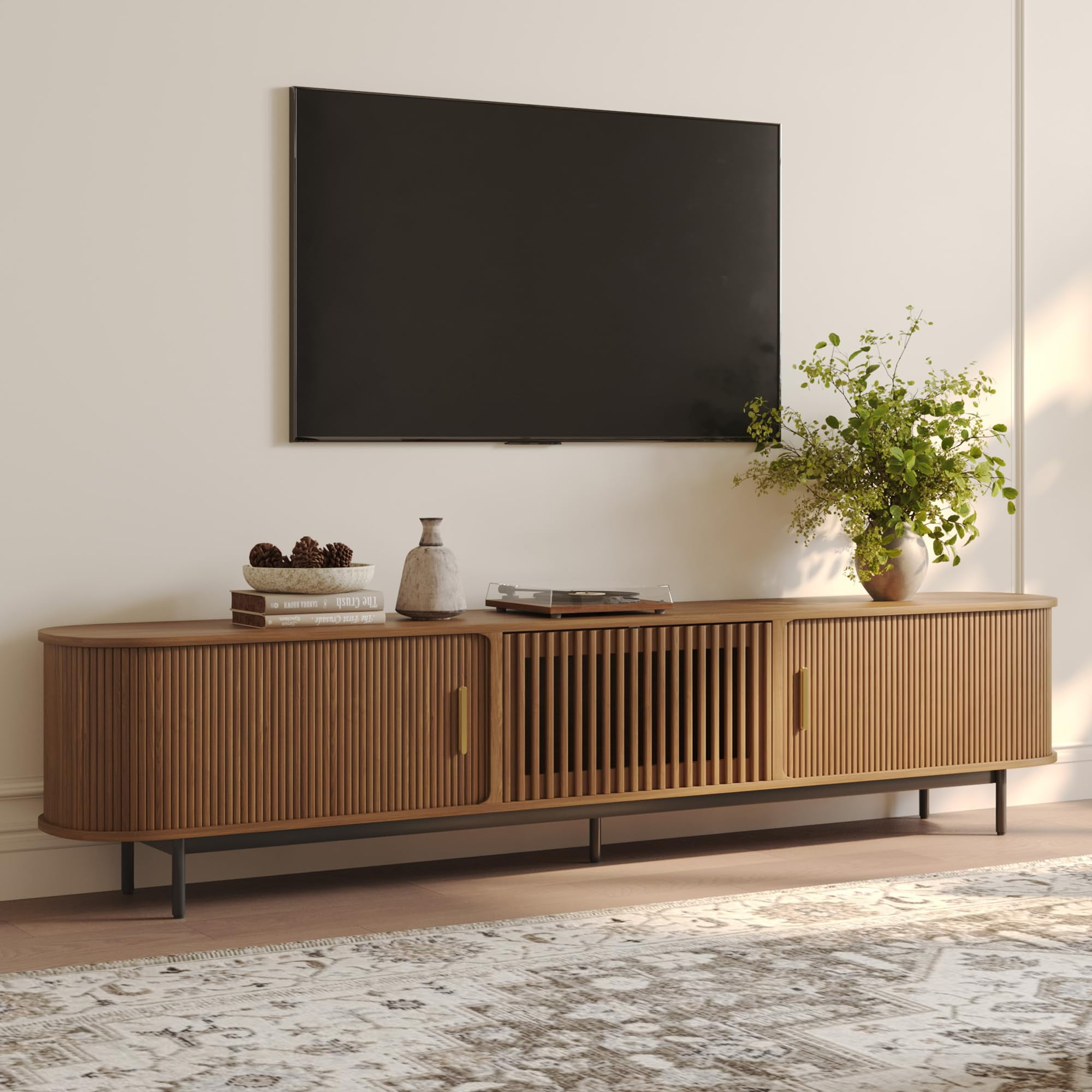 POVISON-94.49"Mid-Century Modern Tambour Door TV Stand, Walnut Color TV ...