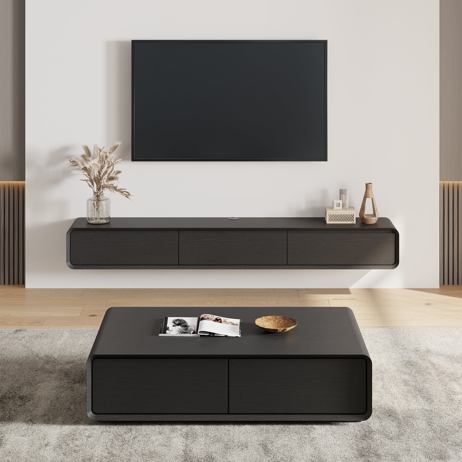 POVISON Black Floating TV Stand, Modern Wall-Mounted Entertainment ...