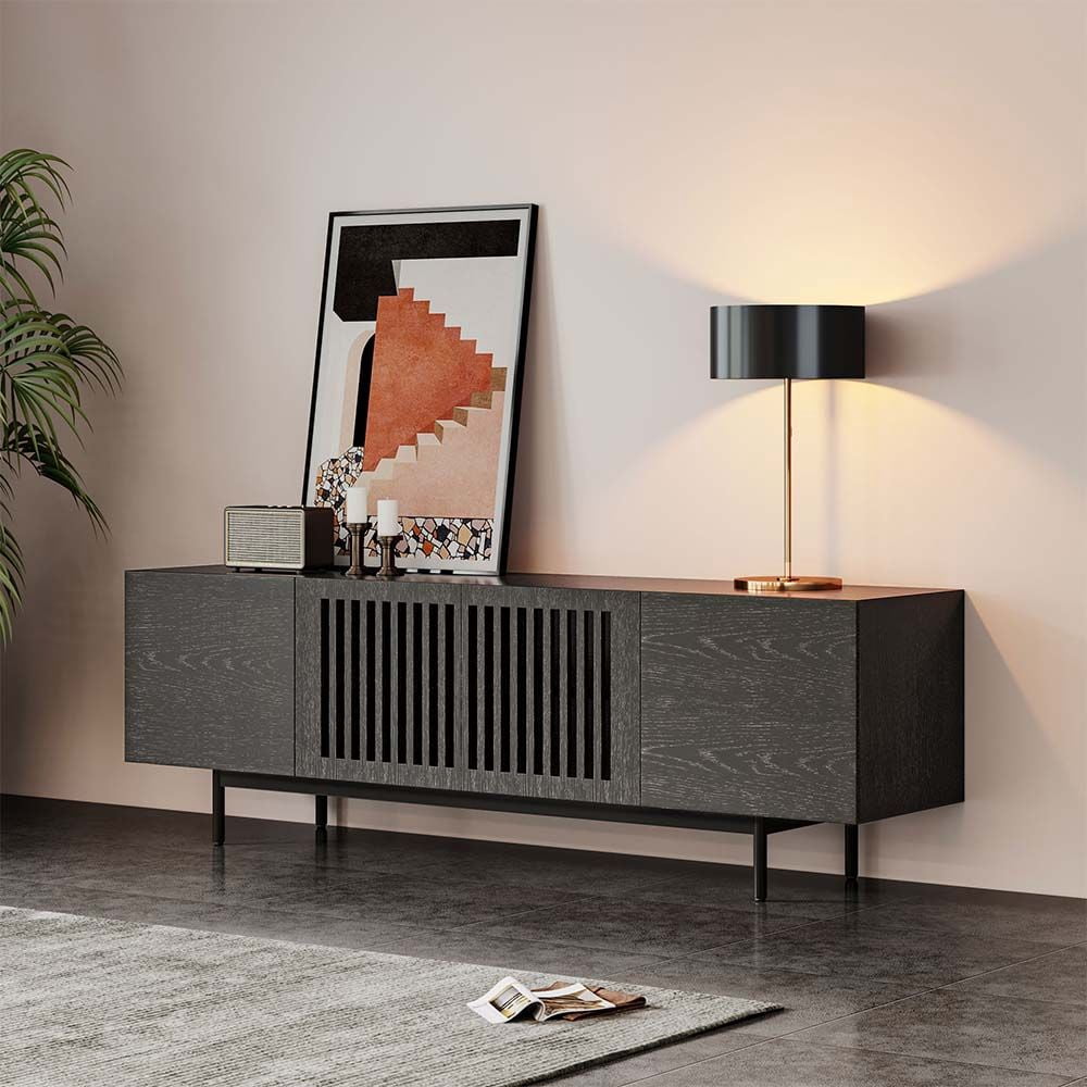 POVISON-Mid-Century Modern TV Stand, Minimalist Slatted Wood TV Console ...