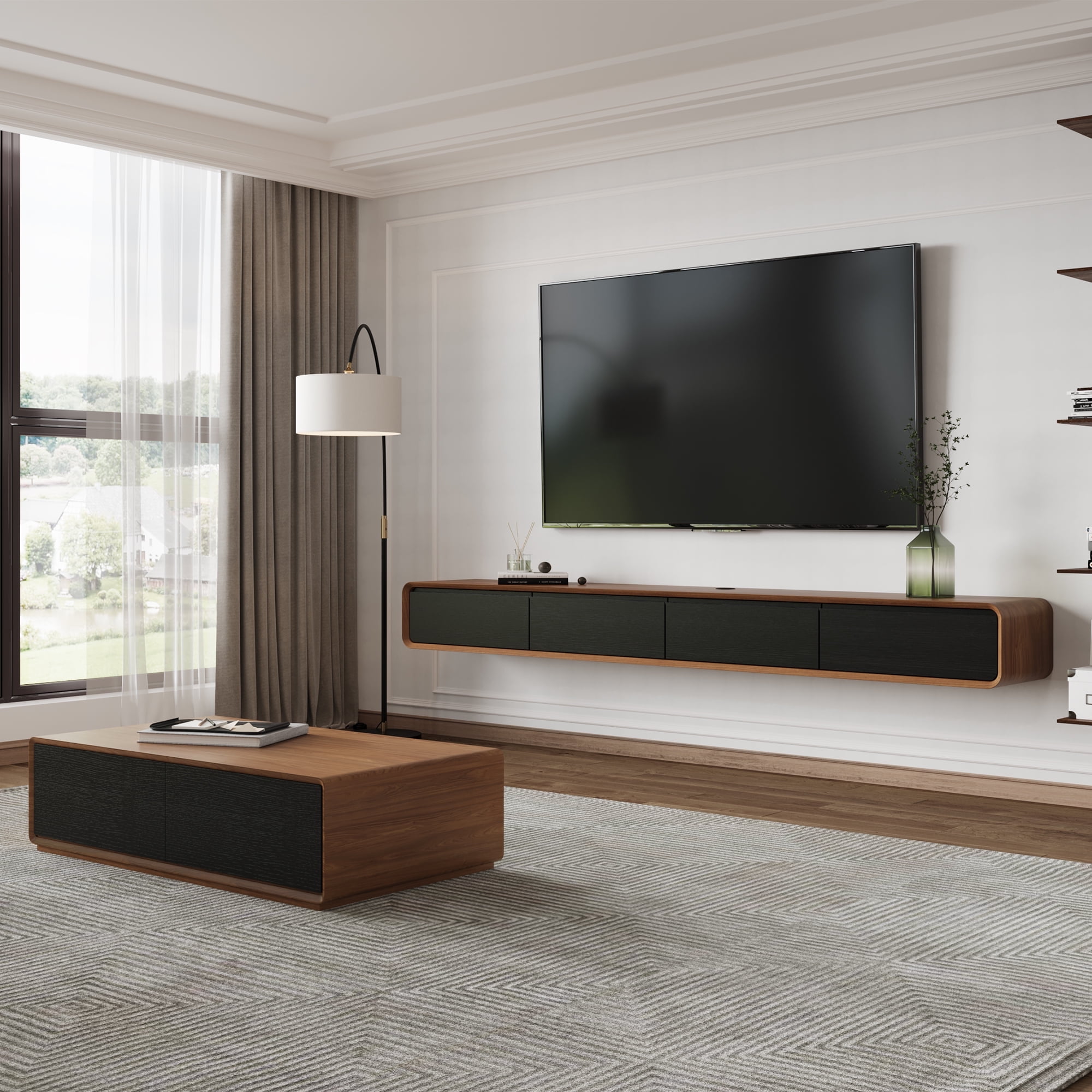POVISON Modern Floating TV Stand with Coffee Table, Wood Living Room ...