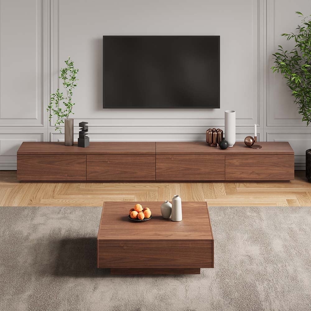 POVISON Modern Louvered TV Stand with Coffee Table, Mid-Century Solid ...