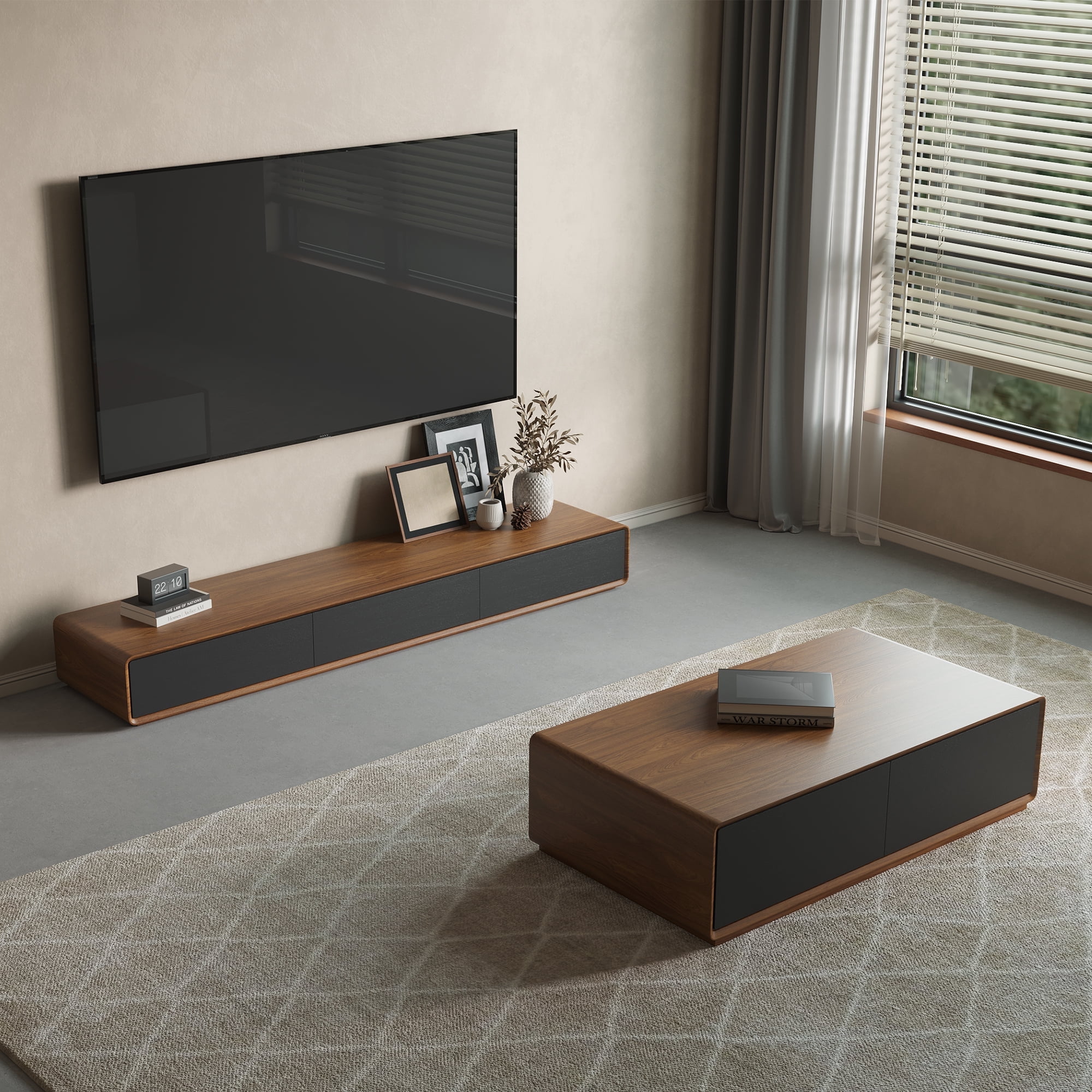 POVISON Modern Rectangular TV Stand with Coffee Table, Mid-Century ...