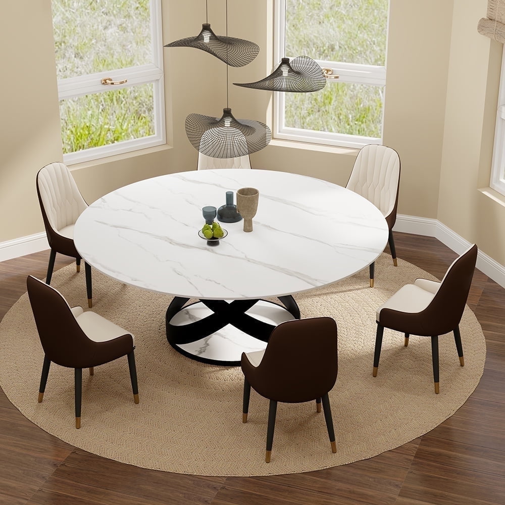 POVISON Modern Round Dining Table Sets for 6, Glossy Sintered Stone ...