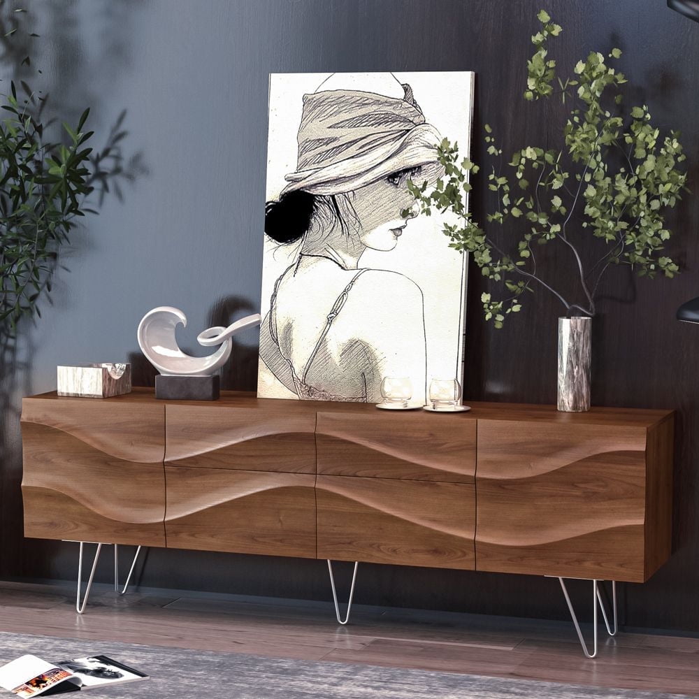 POVISON Modern TV Stand, Mid-Century TV Bench with Drawers, Cabinets ...