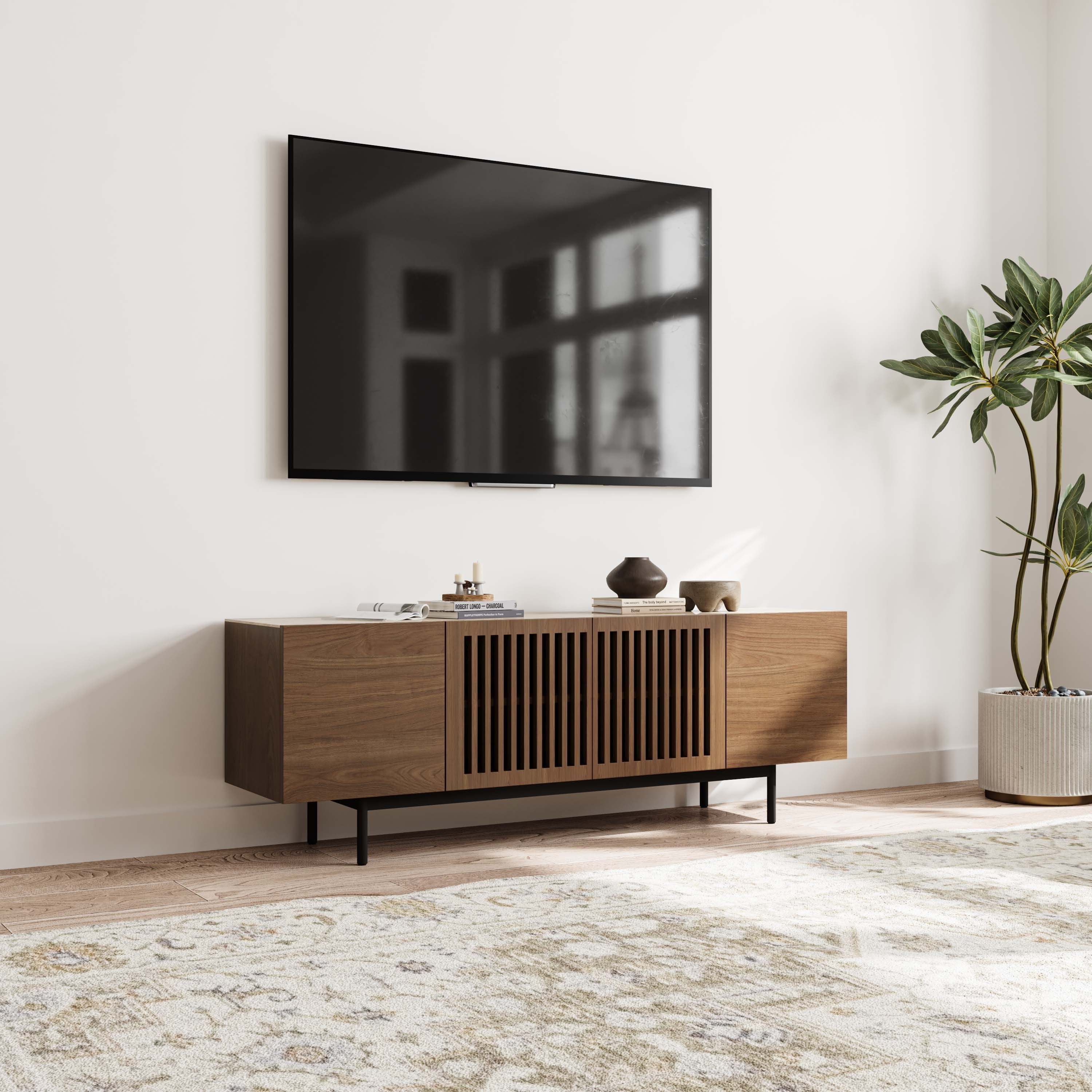 POVISON-Modern Wood TV Stand, Minimalist Slatted Media Console with Tall-cast Metal Legs, Walnut ...