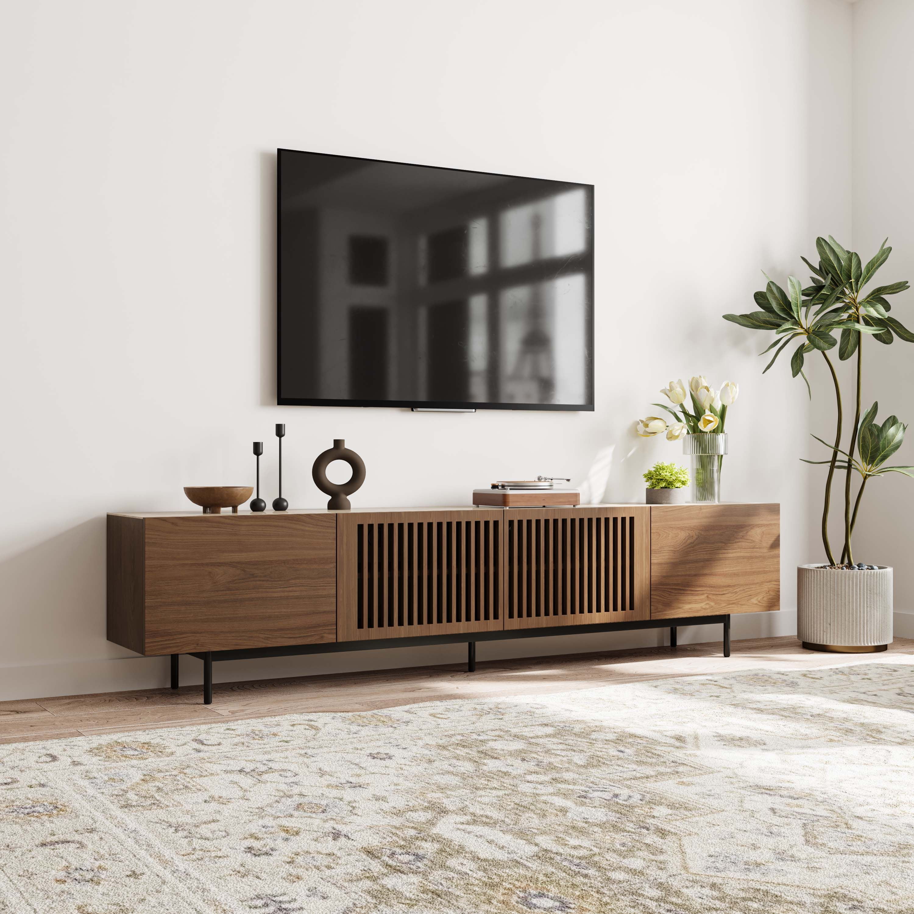 POVISON-Modern Wood TV Stand, Minimalist Slatted Media Console with Tall-cast Metal Legs, Walnut ...