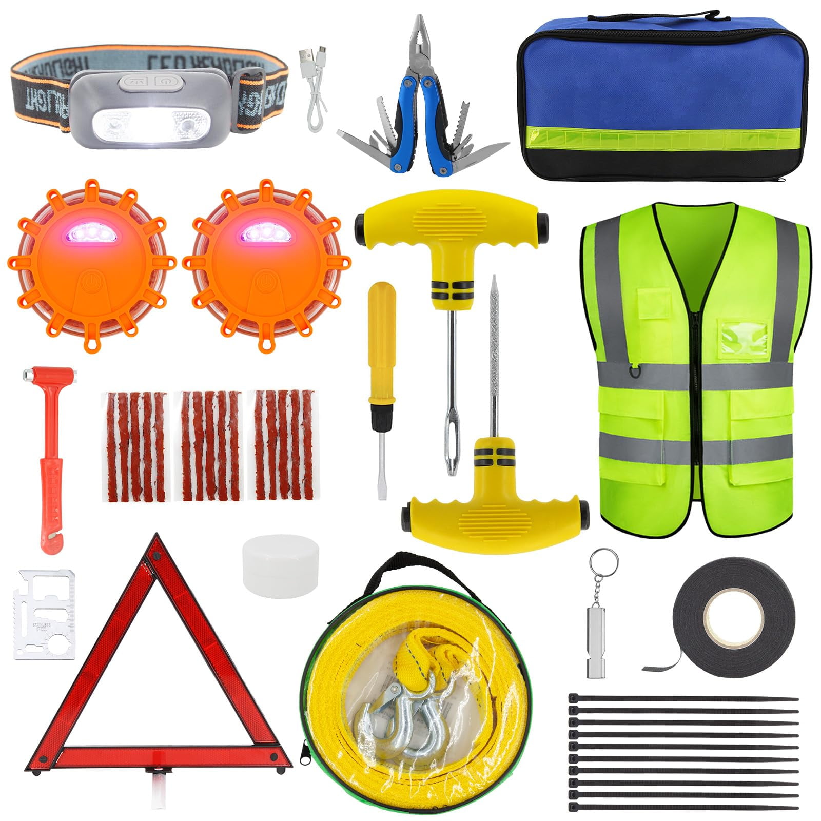 POVTIMS Car Emergency Kit, Roadside Tire Repair Tool Kit with Road ...