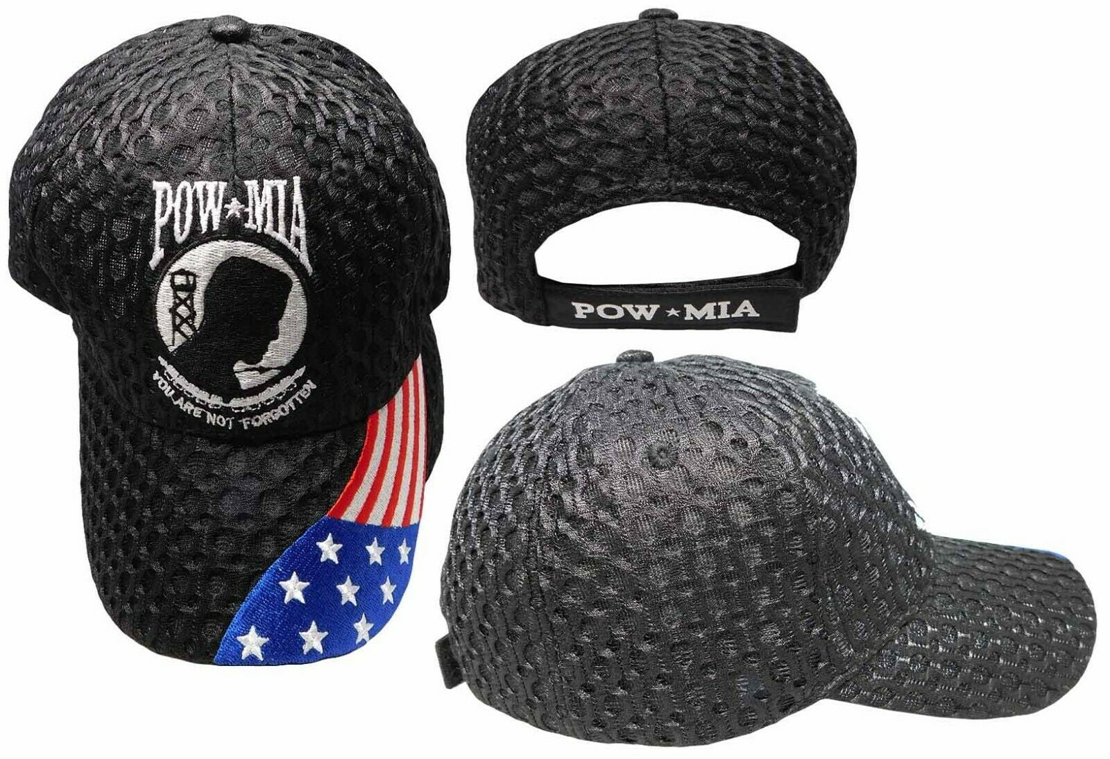POW MIA Patriotic USA American Flag Textured Mesh Black Embroidered Cap ...
