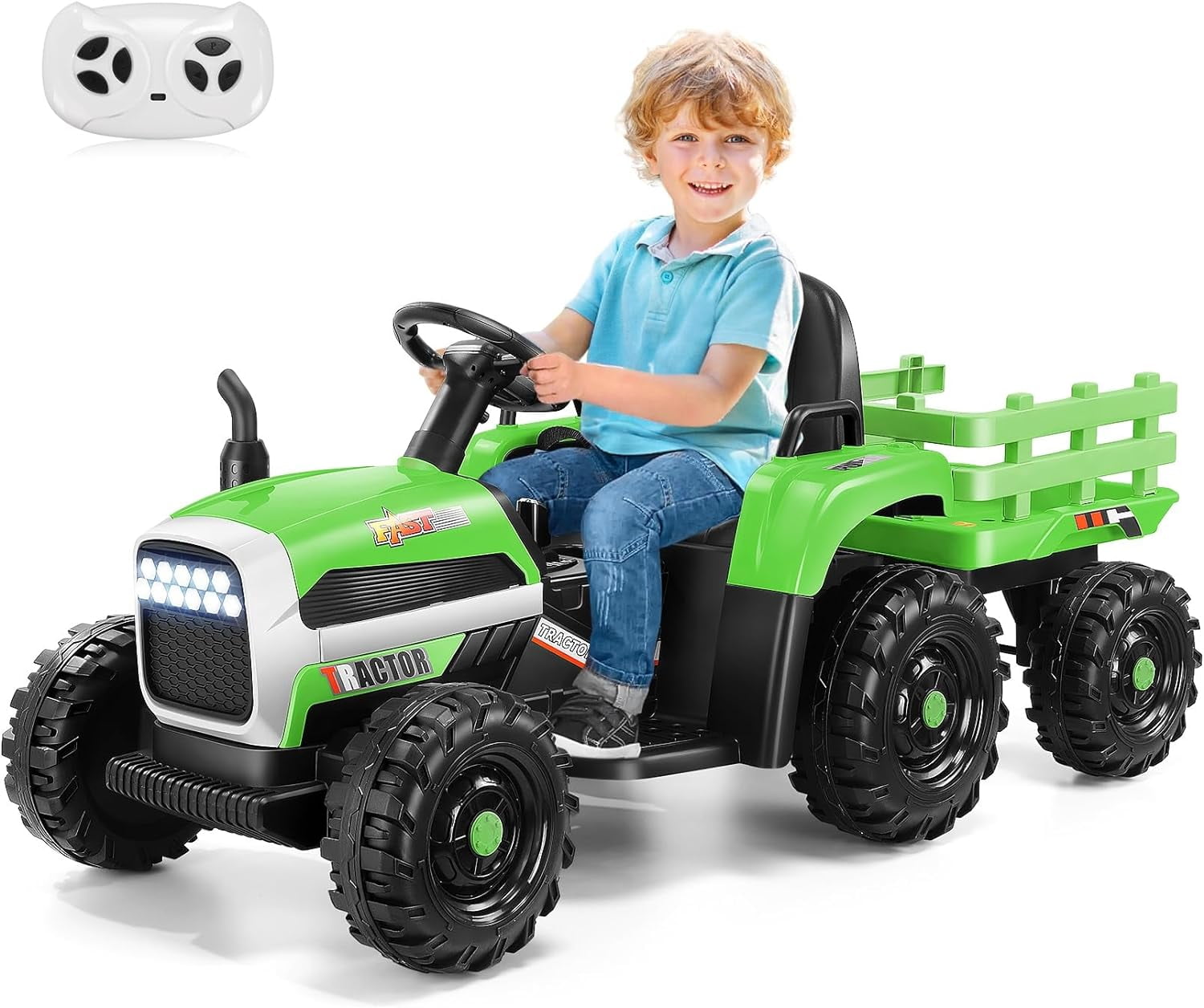 POWANLI 12V Kids Ride On Tractor with Trailer, Battery Powered Electric ...