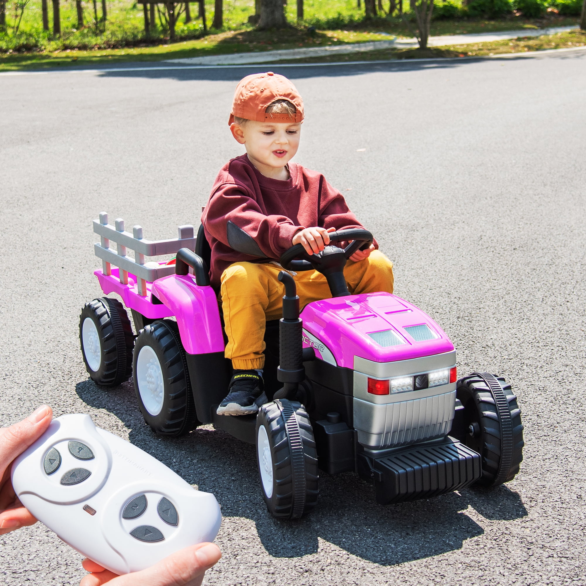 POWANLI 12V Toy Tractor with Trailer, Remote Control, Kids' Electric ...
