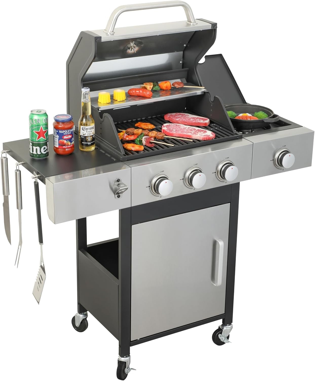 POWANLI BBQ Grill 3 Burner Gas Grill Stainless Steel Propane Grill with ...