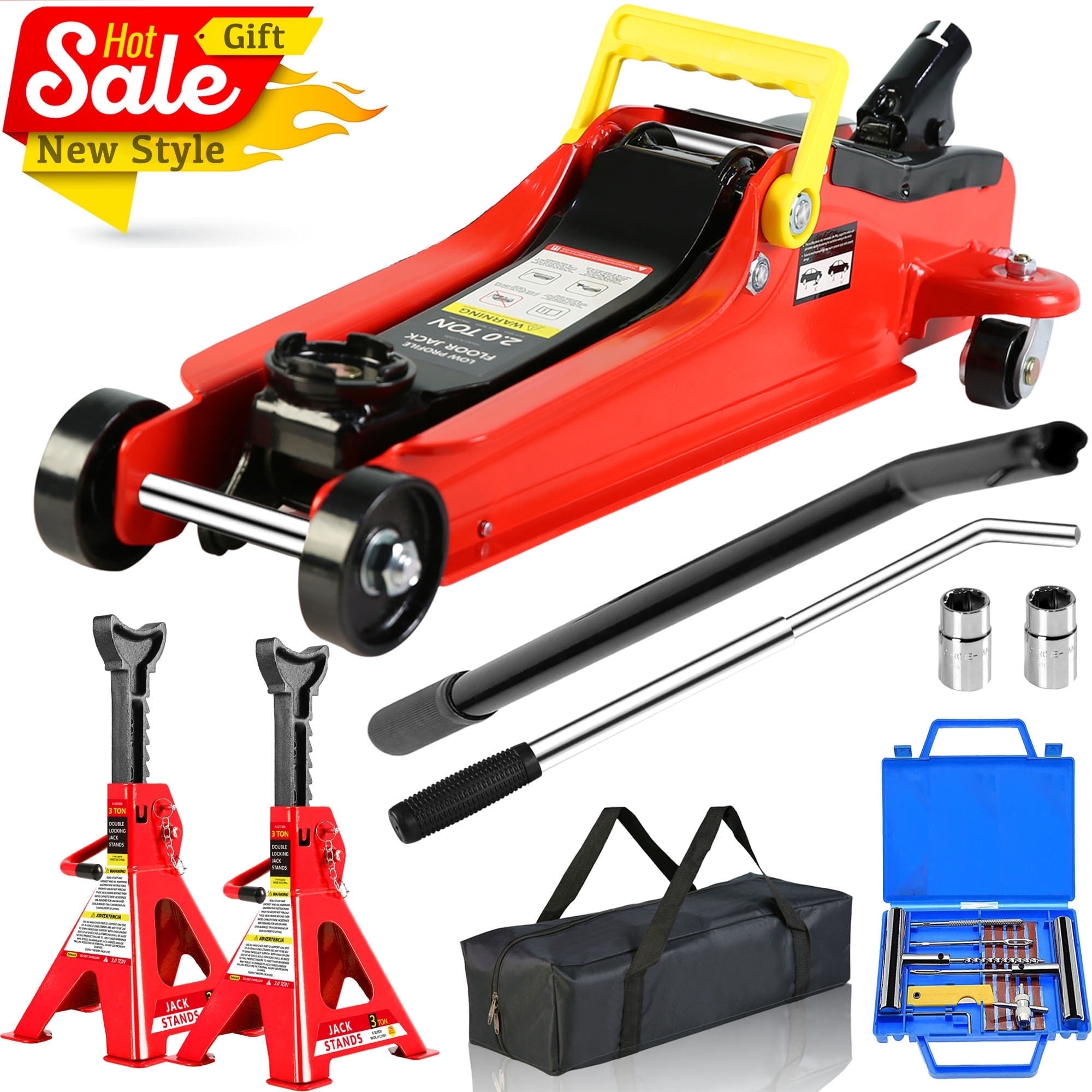 CAMSCH Car Jack Set, 2 Ton Low Profile Floor Jack, Two 3T Jack Stand ...