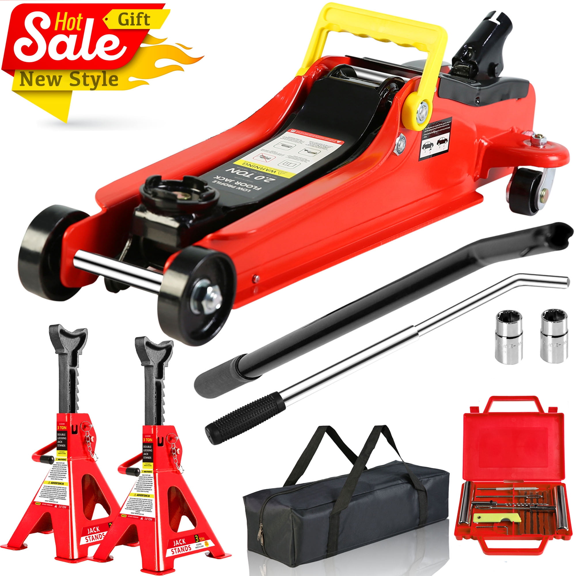 POVANLI Car Jack Set, 2 Ton Low Profile Floor Jack, Two 3T Jack Stand ...
