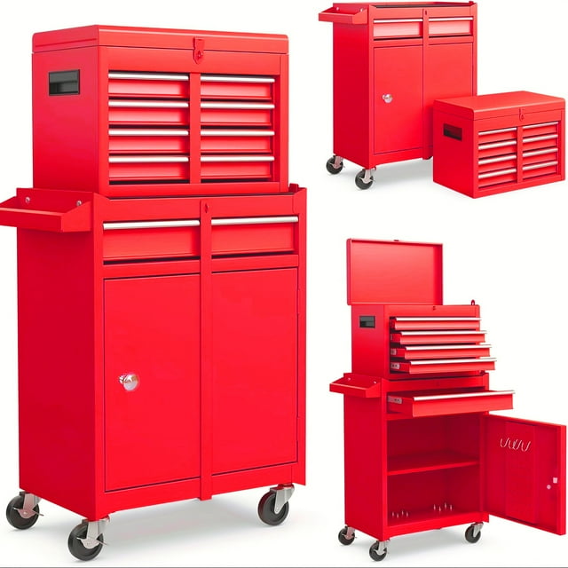 POWANLI Detachable 5-Drawer Rolling Tool Chest with Bottom Cabinet and One Adjustable Shelf ...