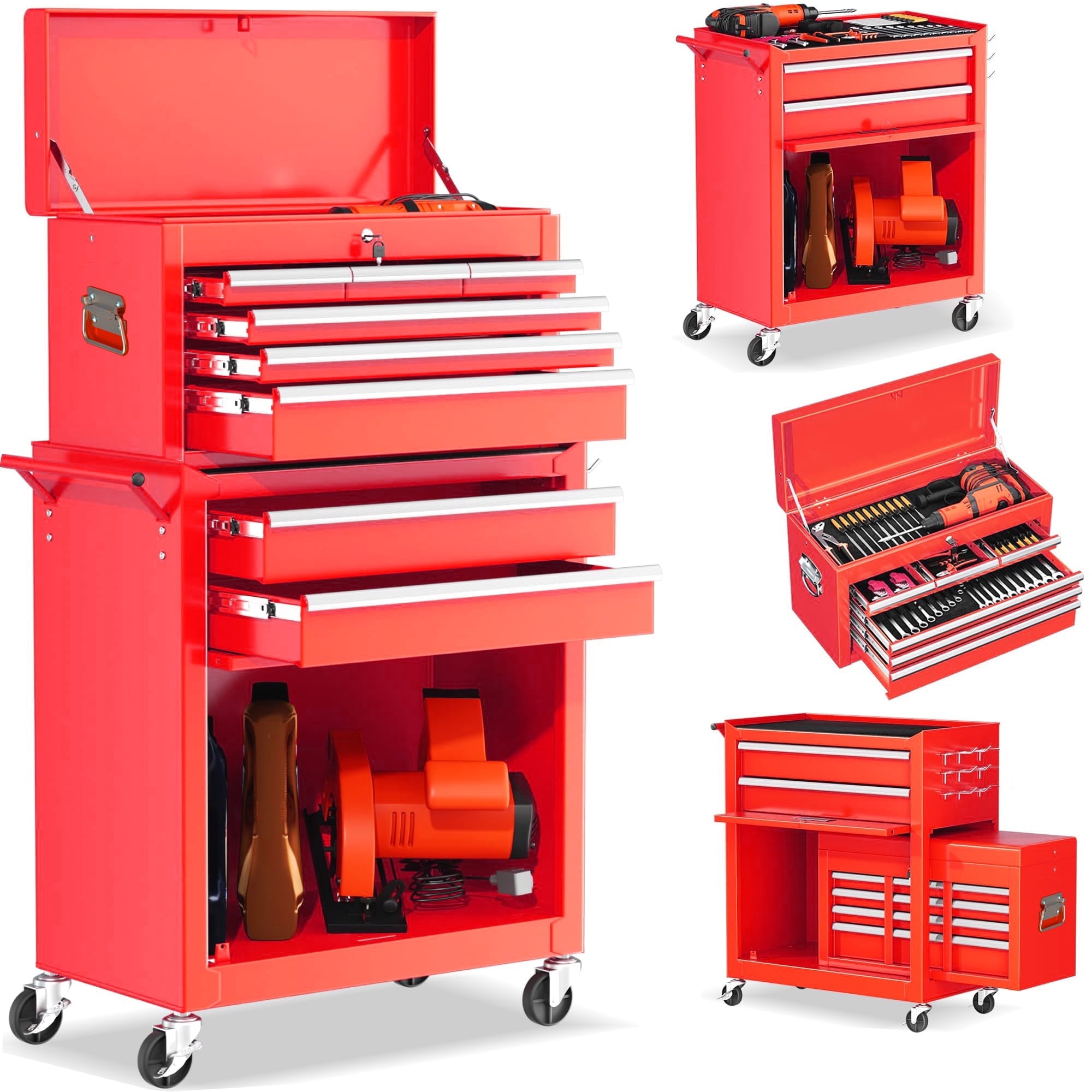 POWANLI High Capacity Rolling Tool Box with Wheels and 8 Drawers, Wheels Lockable, 2-IN-1 Tool ...