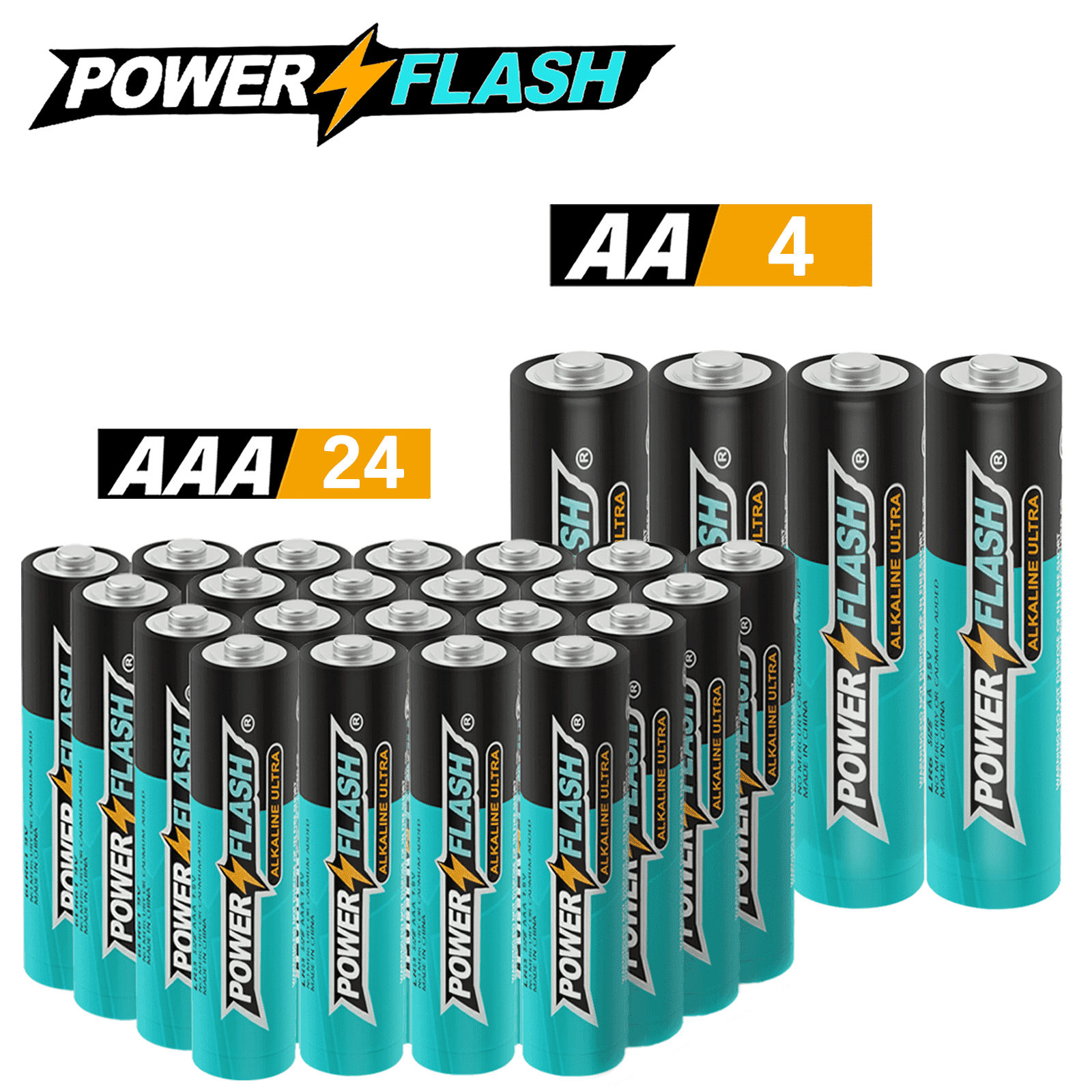 POWERFLASH Small Pack AA4+AAA24 Count with 10 Year Leak-Free Warranty, Long-lasting Power ...