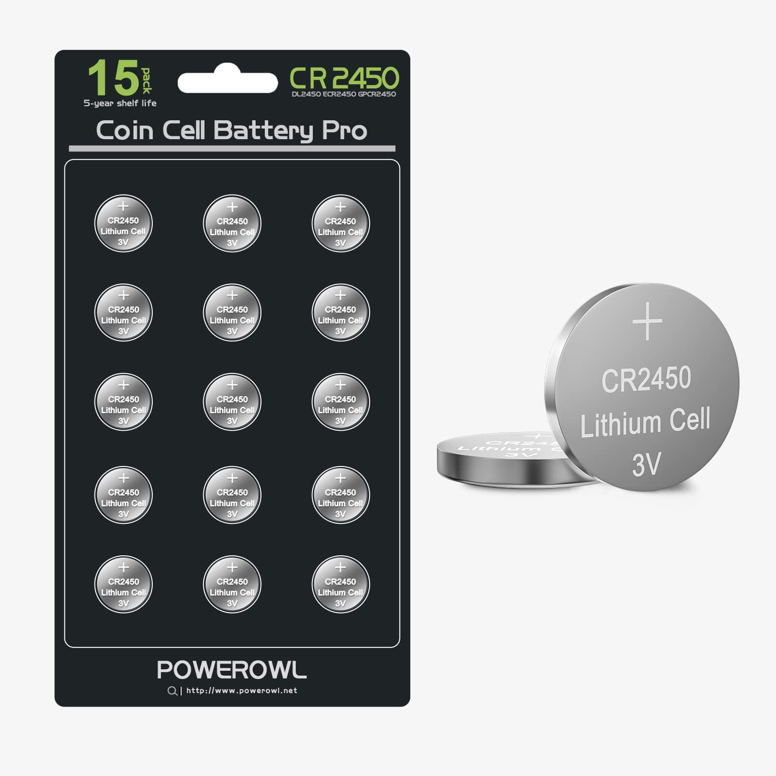 POWEROWL High Capacity CR2450 Lithium Battery Cell (15-Pack), 3v, 10 ...