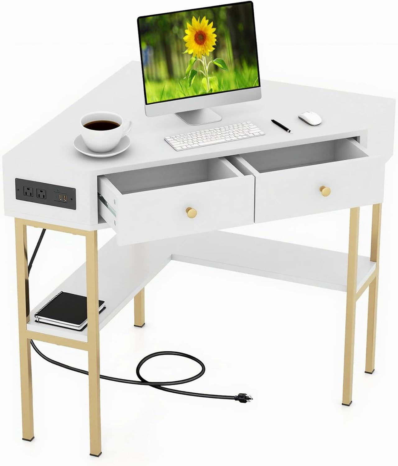 POWERSTONE Corner Desk with Charging Station & 2 Drawers, Space-Saving ...