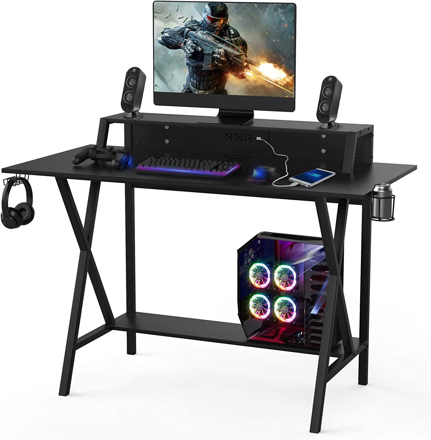 POWERSTONE Gaming Desk, 48 inch Gaming Workstation Computer Desk Racing ...