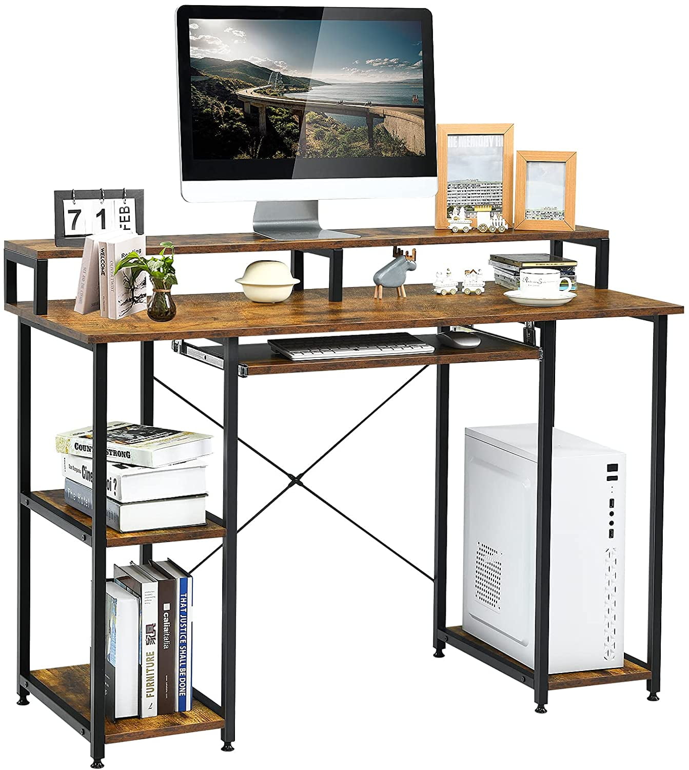 POWERSTONE Home Office Computer Desk with Monitor Stand Storage Shelves & Keyboard Tray 47 ...