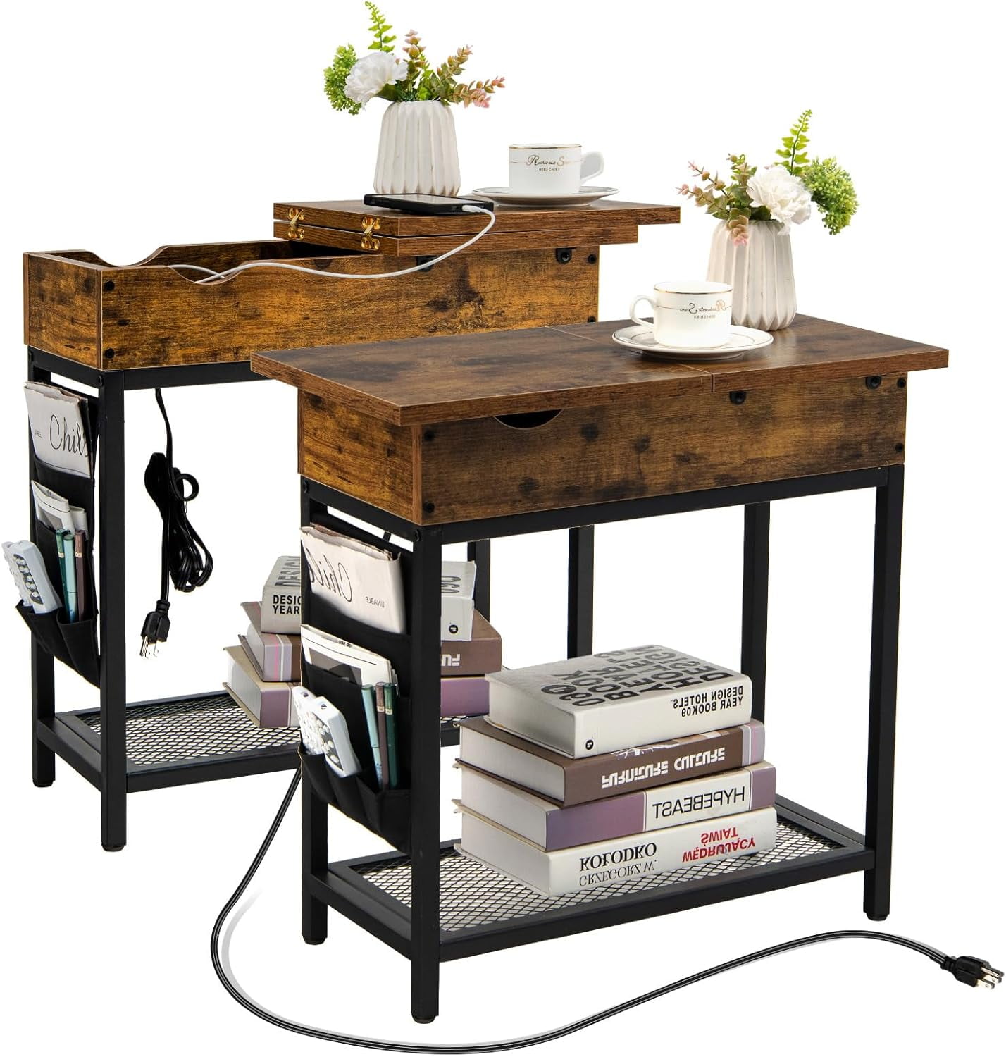 POWERSTONE Side Table Set of 2 with Charging Station, Flip Top End ...