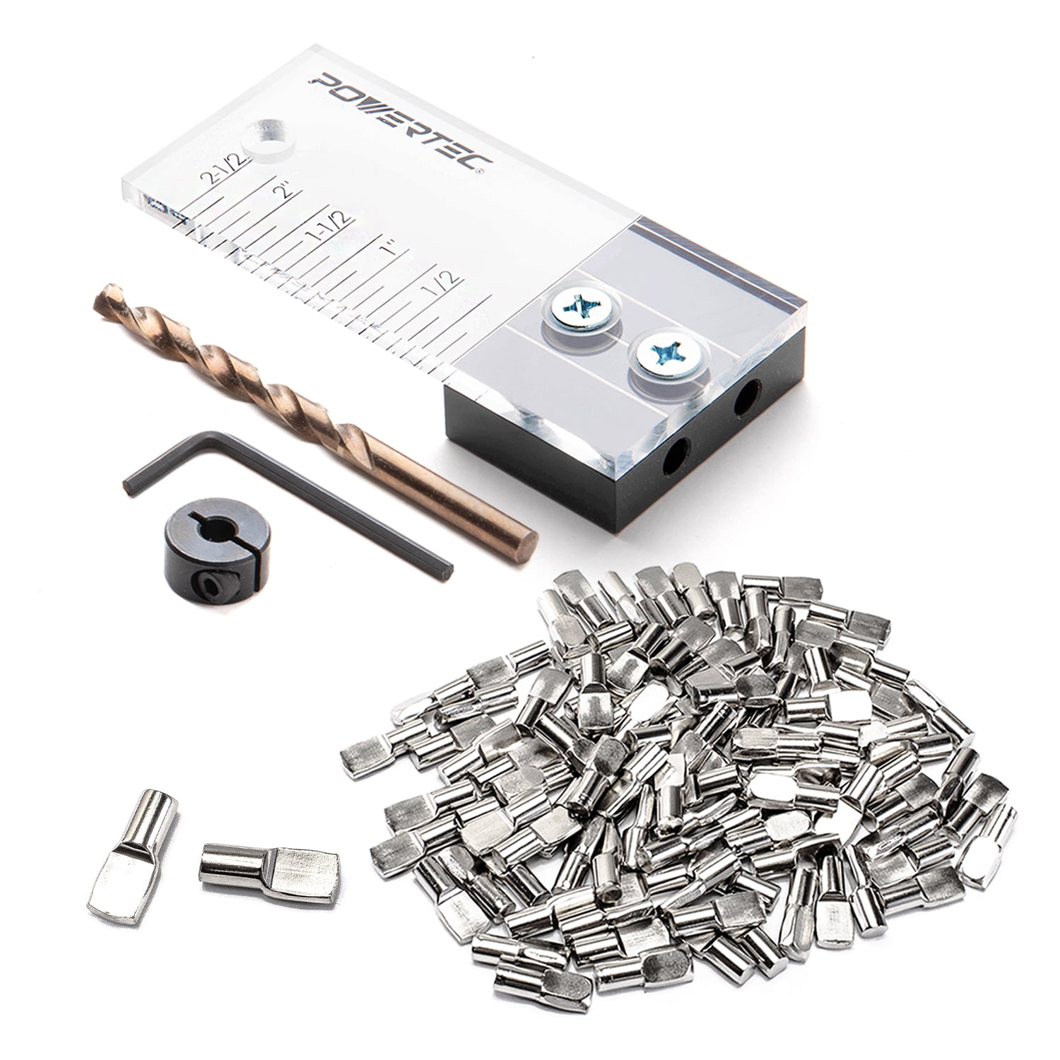 POWERTEC 1/4" Dowel Drilling Jig & 100pk 1/4" Shelf Peg Set with Laser ...