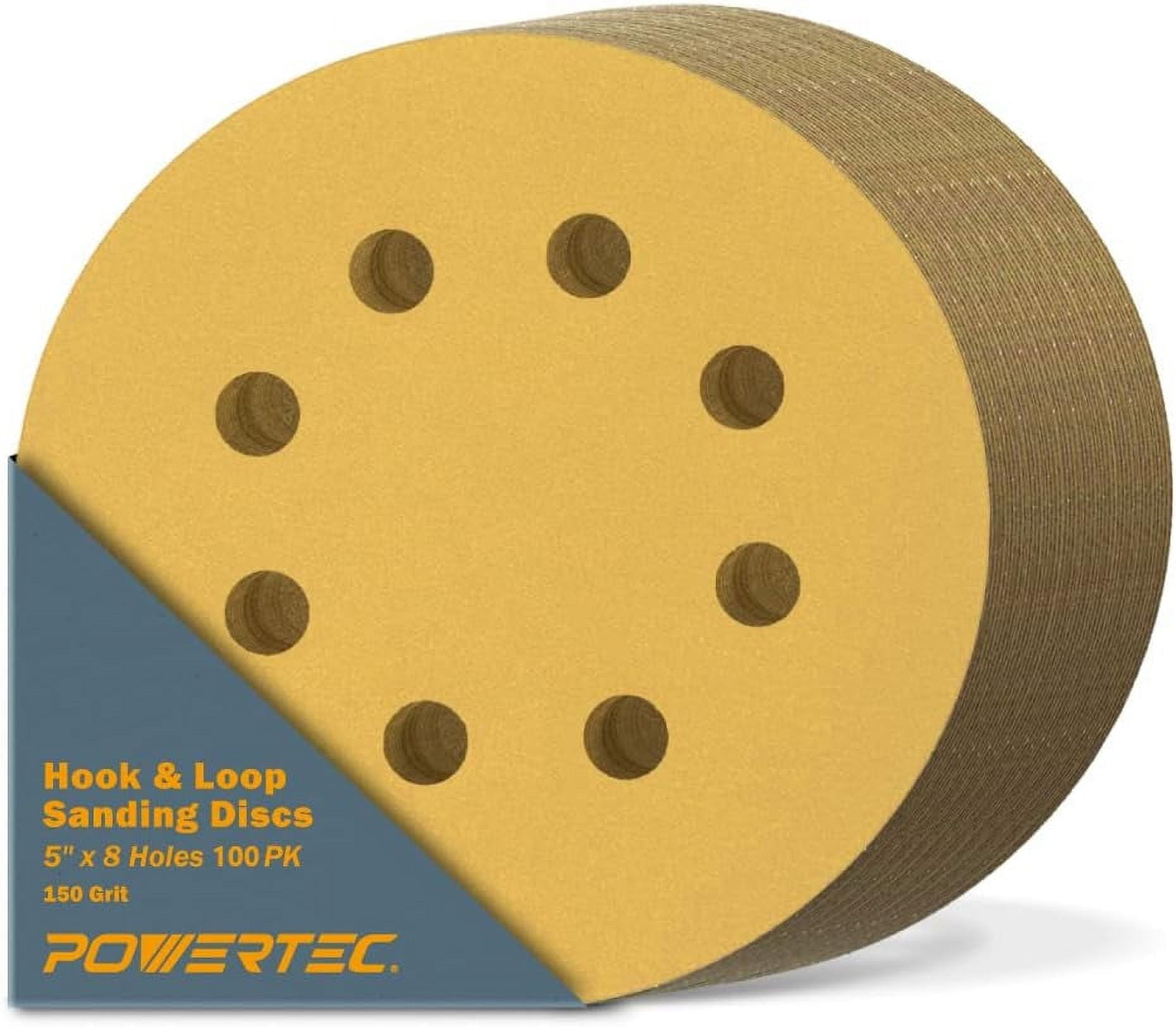 POWERTEC 100PK 5 Inch 8 Hole Hook and Loop Sanding Discs, 150 Grit ...