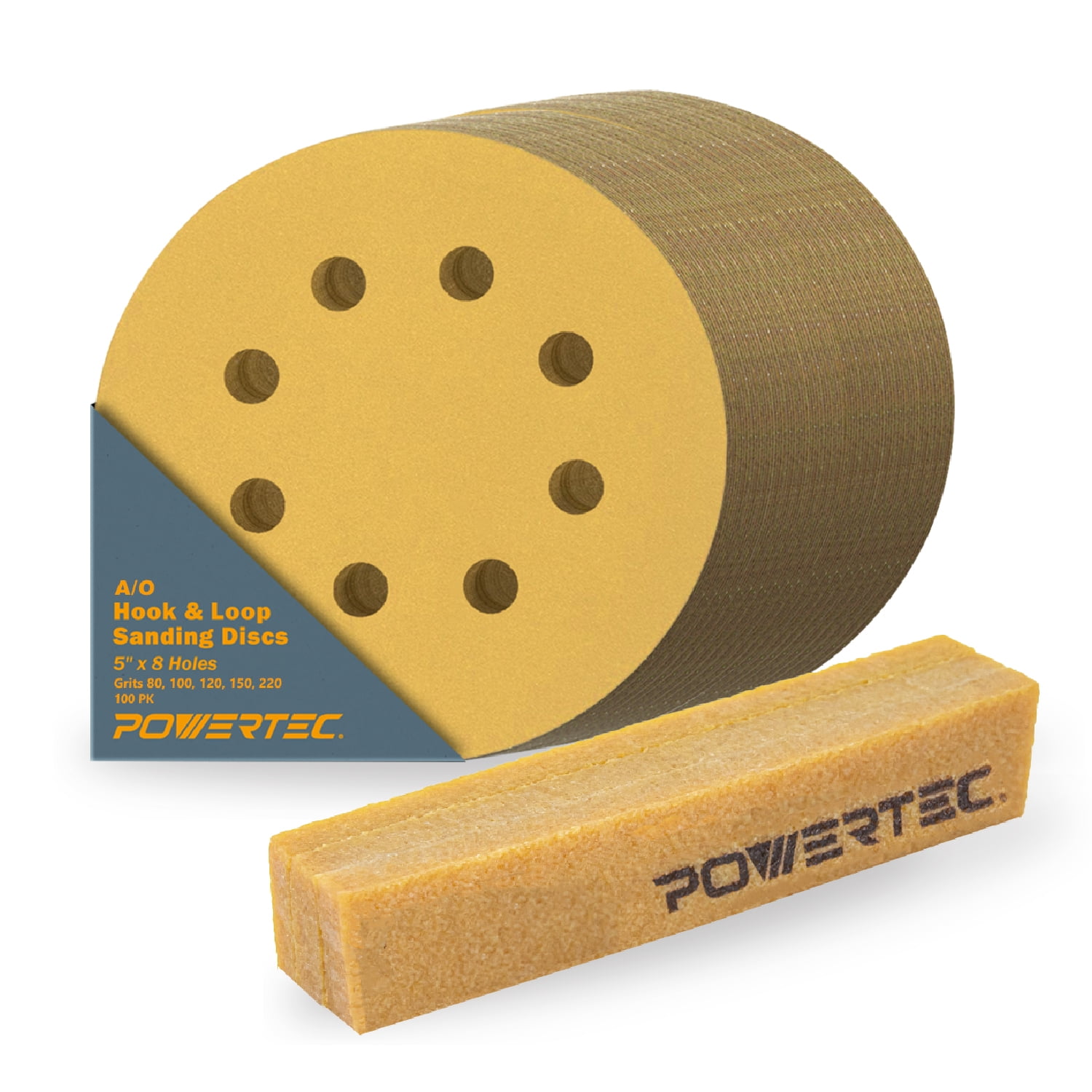 POWERTEC 100PK 5 Inch 8 Hole Hook and Loop Sanding Discs with Abrasive ...