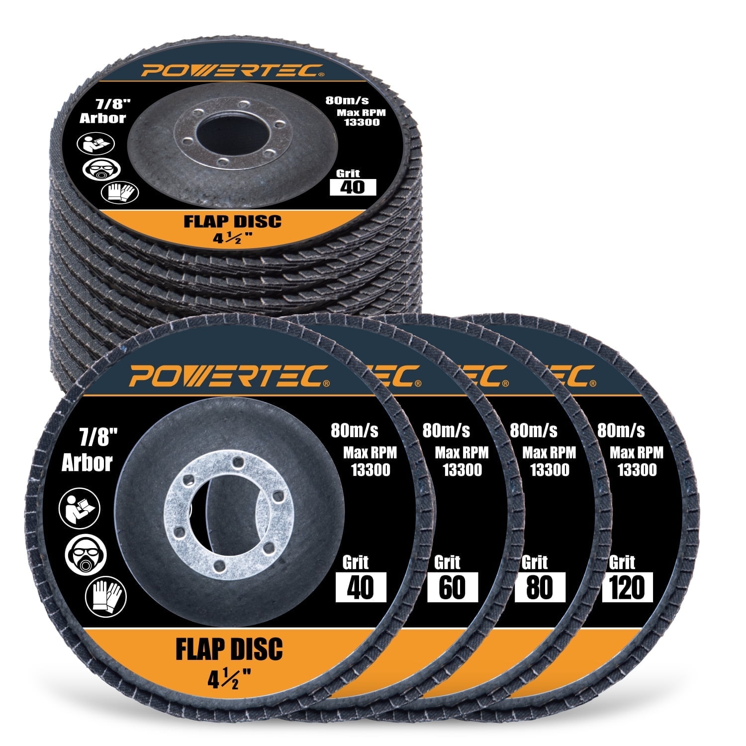 POWERTEC 10PK 4-1/2" Zirconia Flap Discs - 40/60/80/120 Assorted Grits for Angle Grinder ...