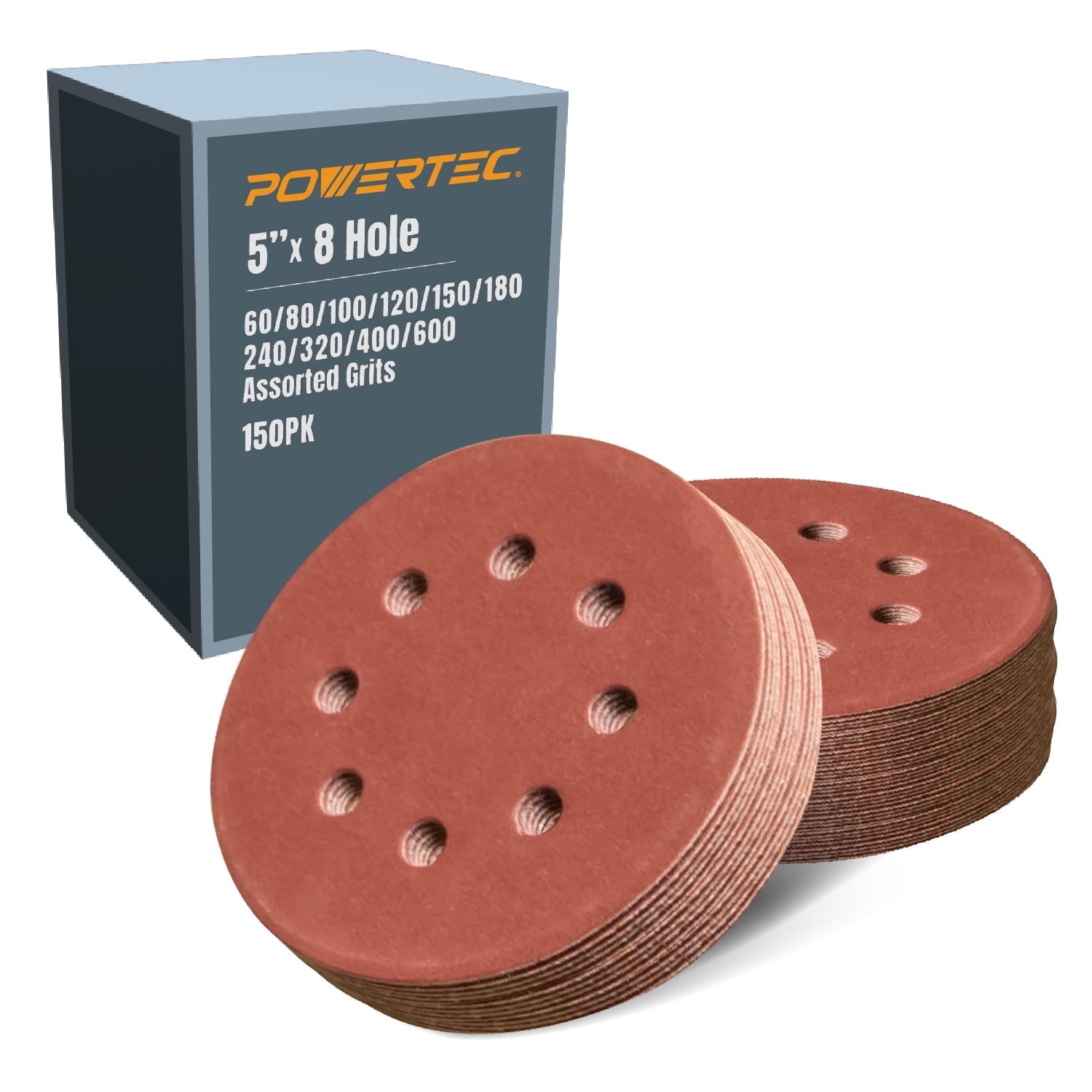 POWERTEC 150PK 5 Inch 8 Hole Hook and Loop Sanding Discs, 60/80/ 100 ...